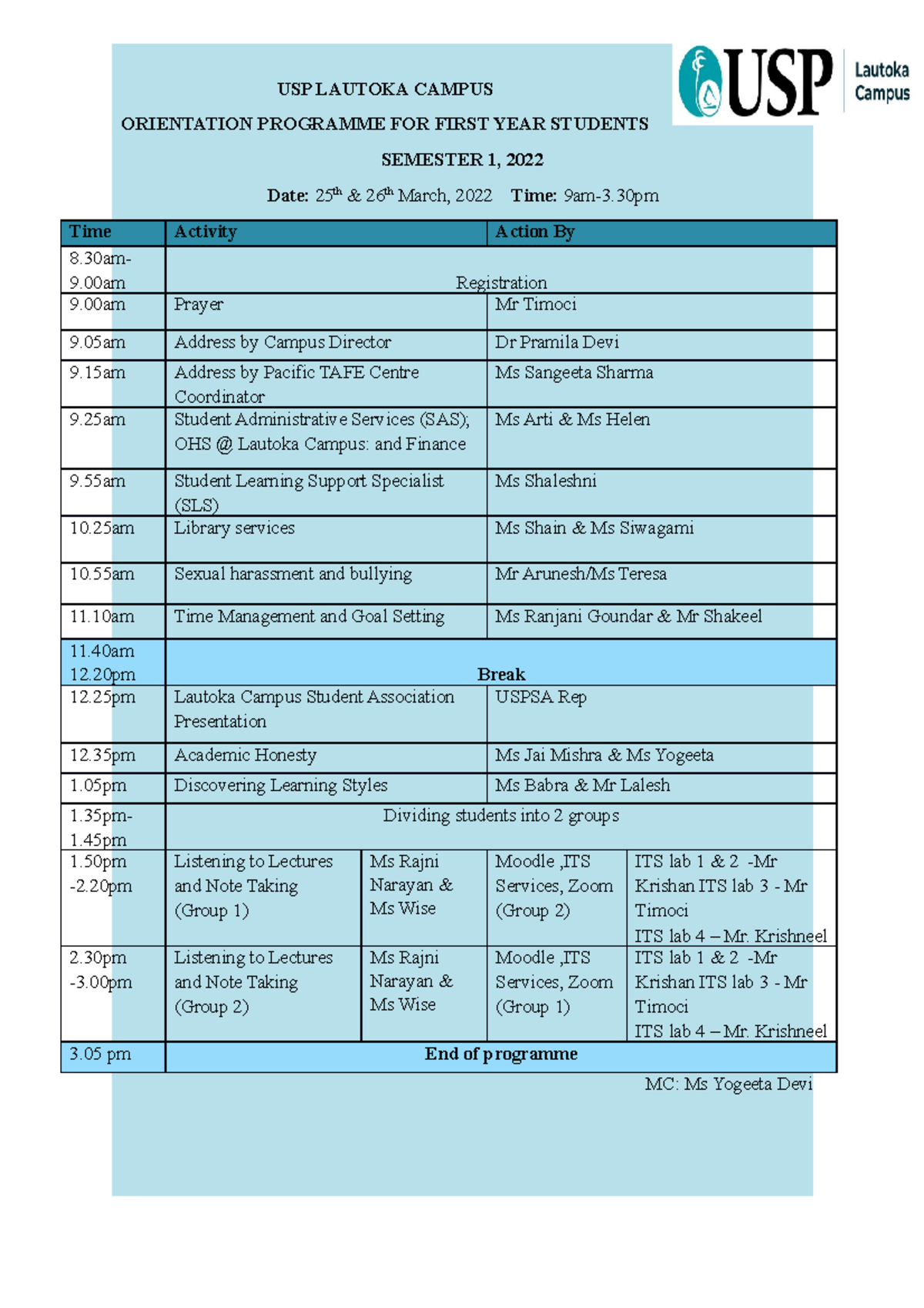 USPLautoka Campus- Programme Sem1 2022 - USP LAUTOKA CAMPUS ORIENTATION PROGRAMME FOR FIRST YEAR ...