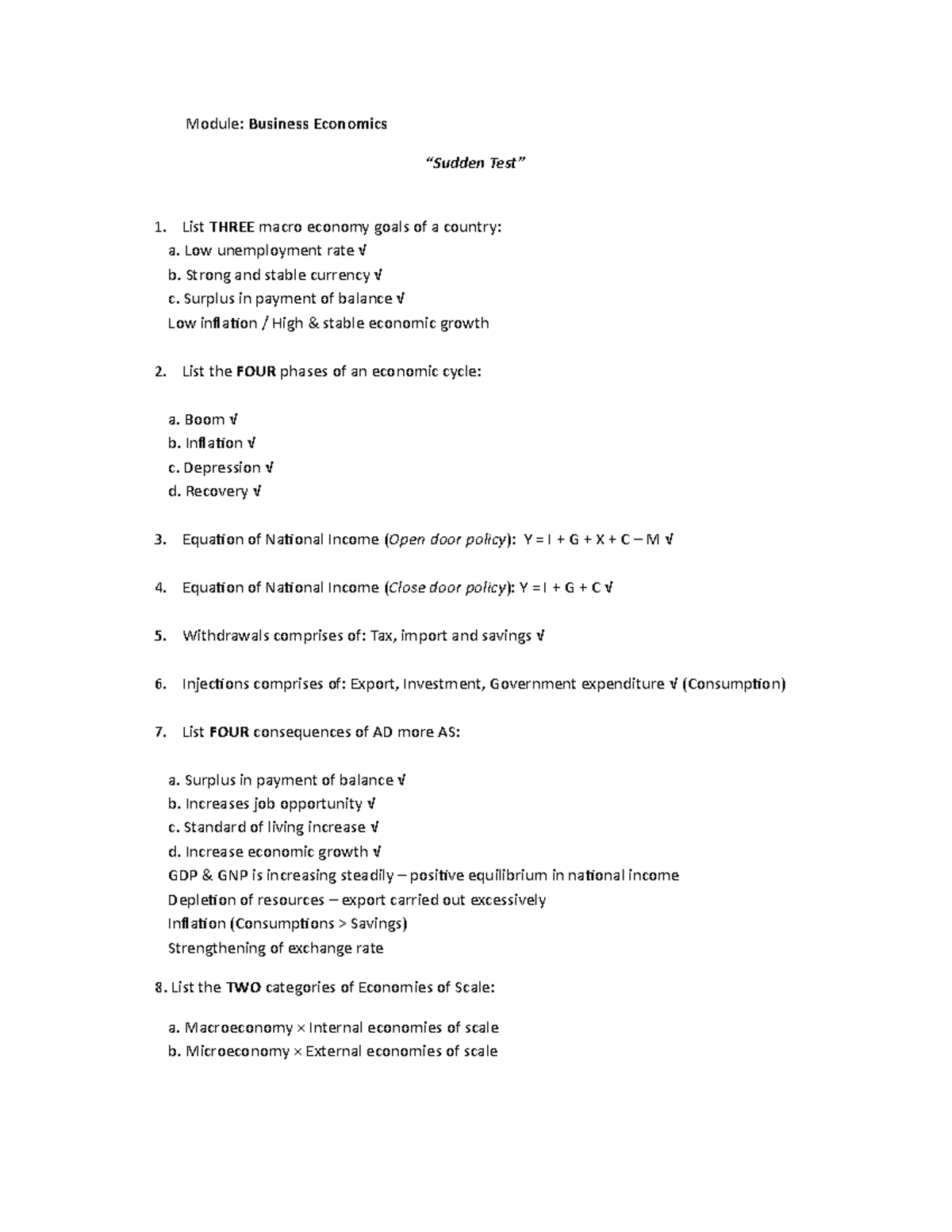 Business Economics OBE test 01 - Module: Business Economics “Sudden ...
