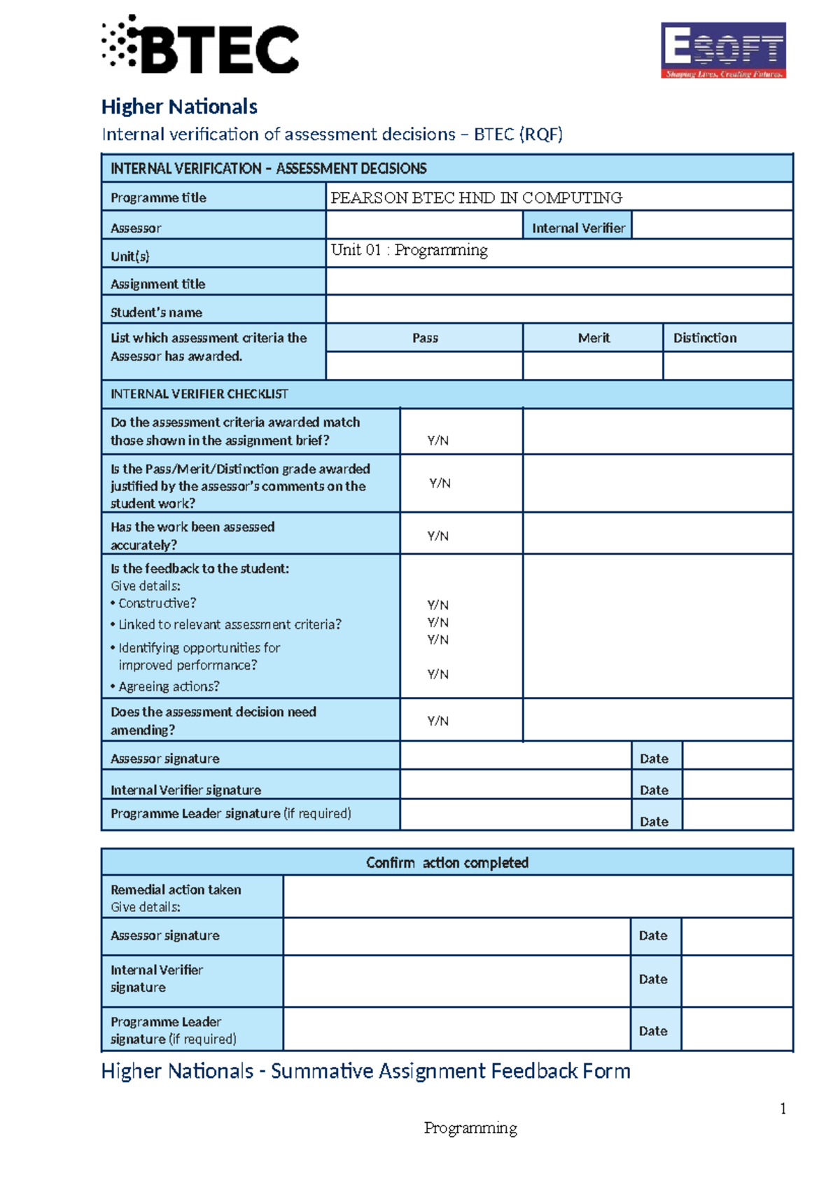 Programming - Higher Nationals Internal verification of assessment decisions – BTEC (RQF ...