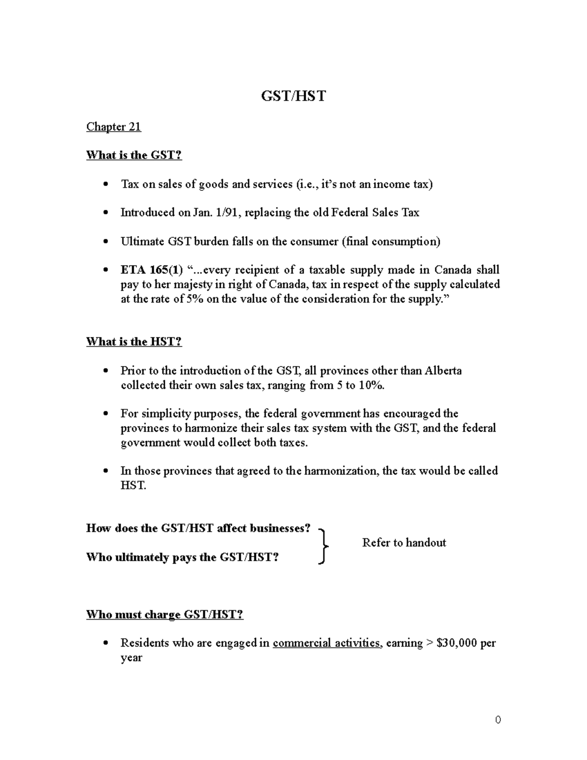 006Lecture 13 - Notes - GST/HST Chapter 21 What is the GST? Tax on ...