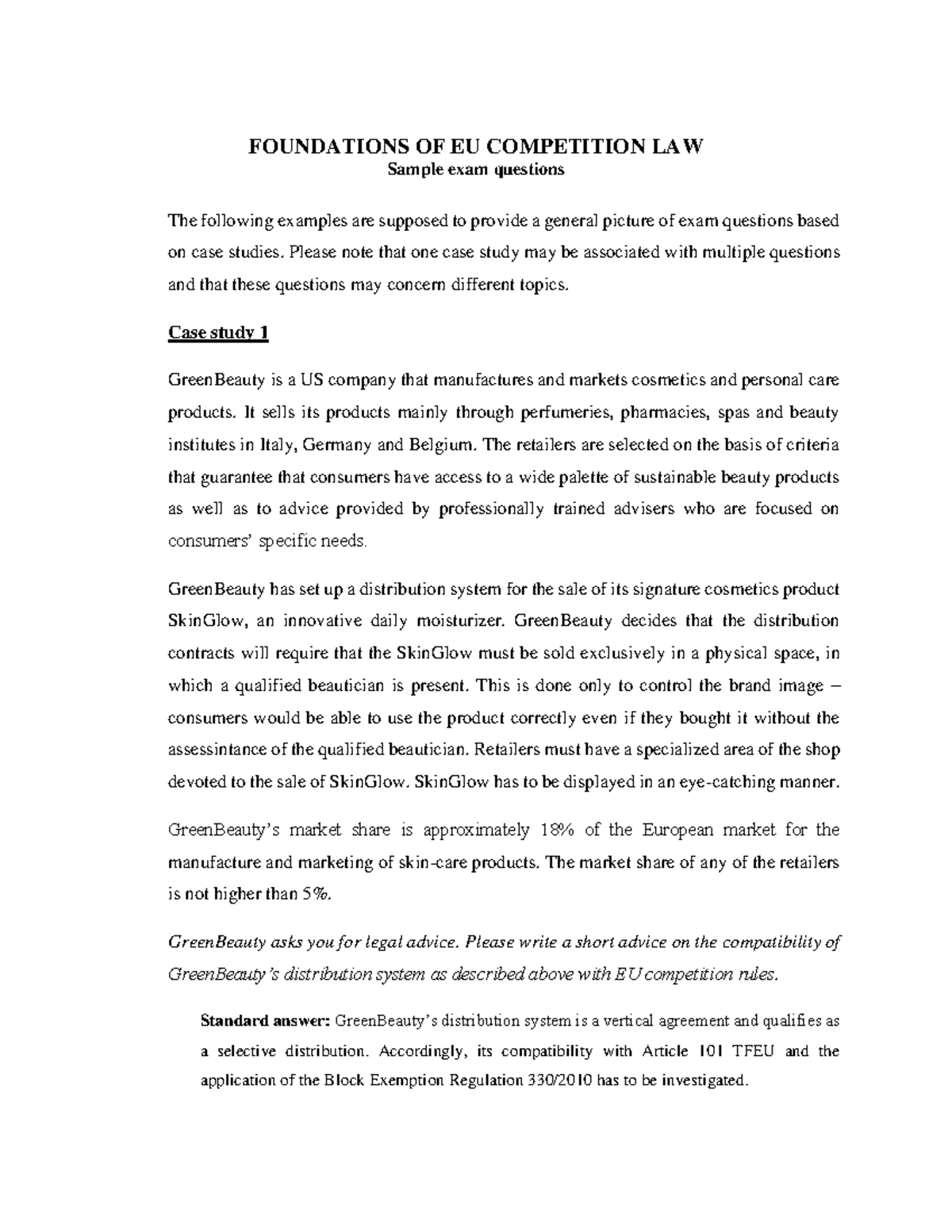 Sample questions - European Competition Law practice for exam - FOUNDATIONS OF EU COMPETITION ...