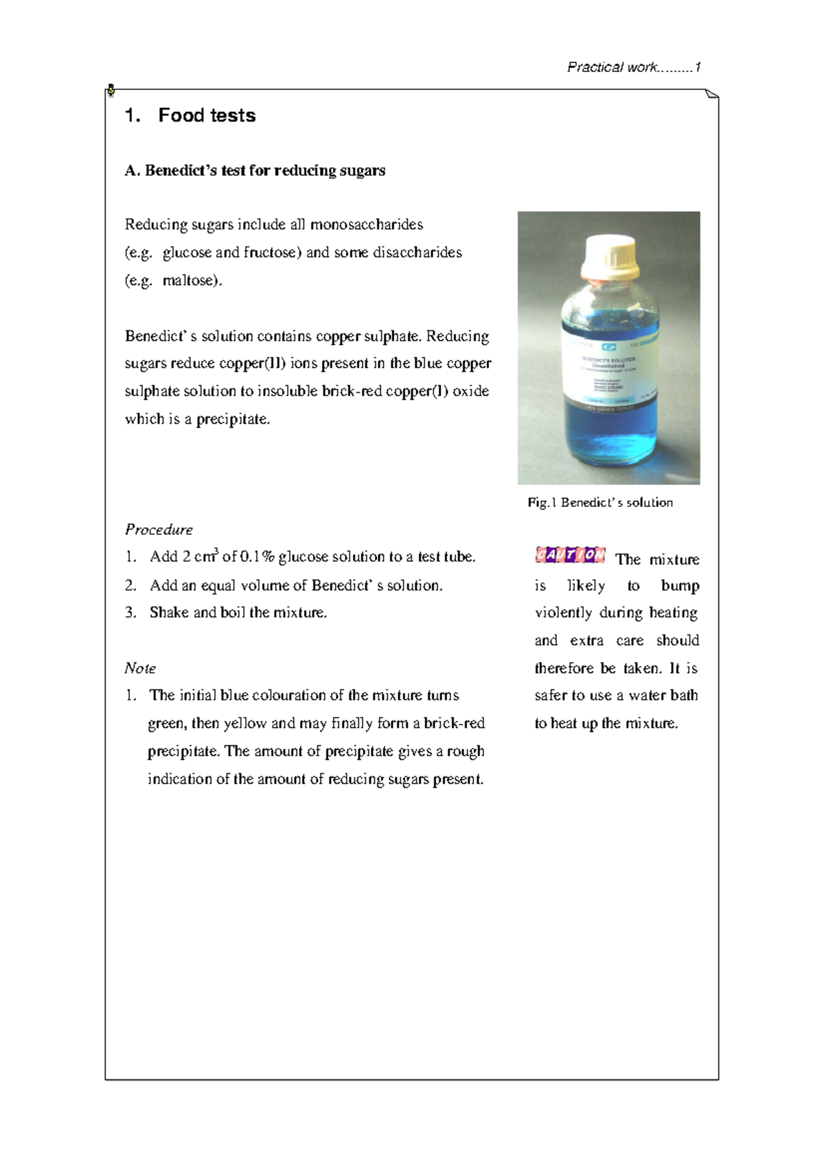 Practical-1 - Biology prac - Practical work......... 1. Food tests A ...