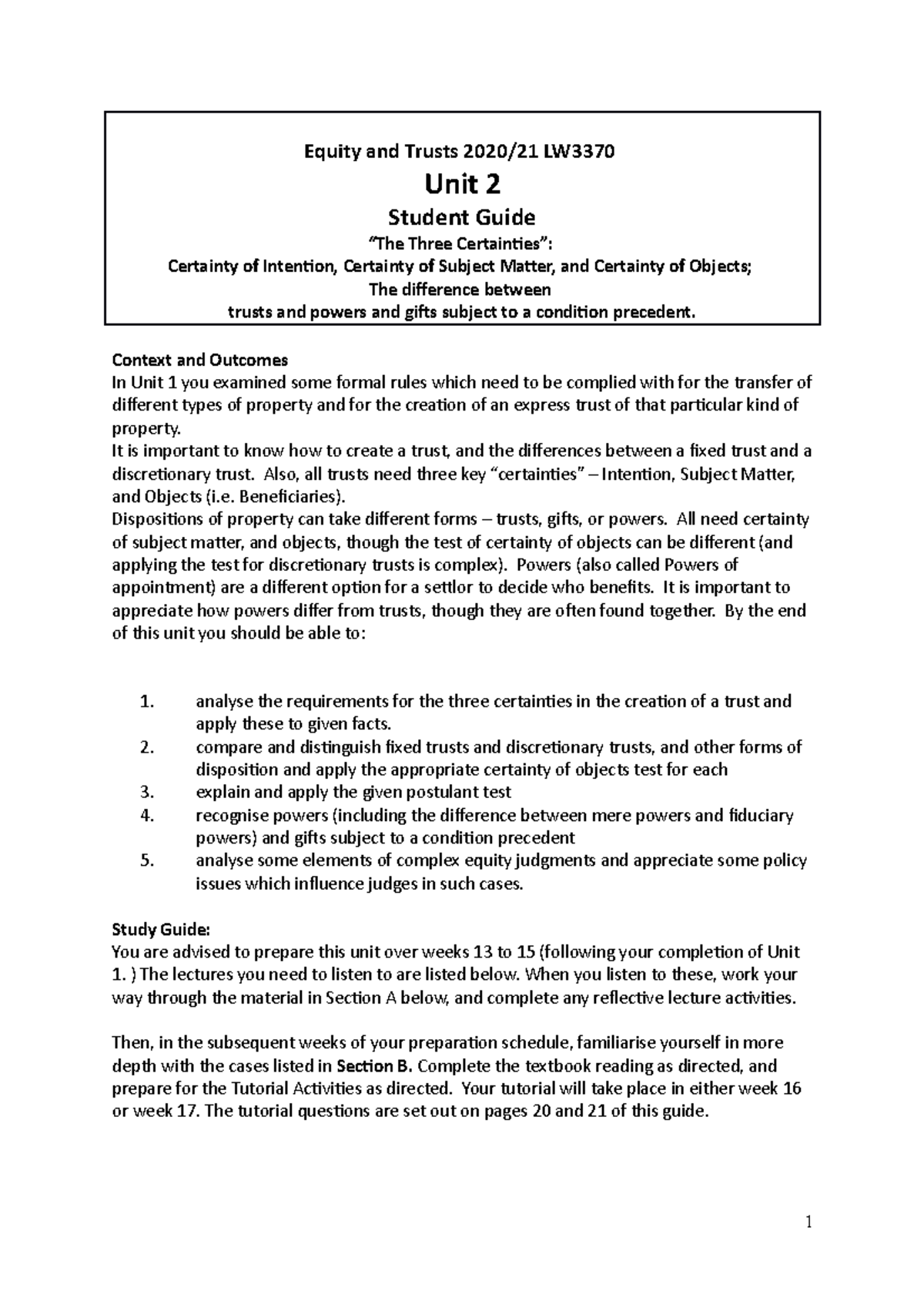 Unit 2 The Three Certainties - Equity and Trusts 2020/21 LW Unit 2 Student Guide “ The Three ...