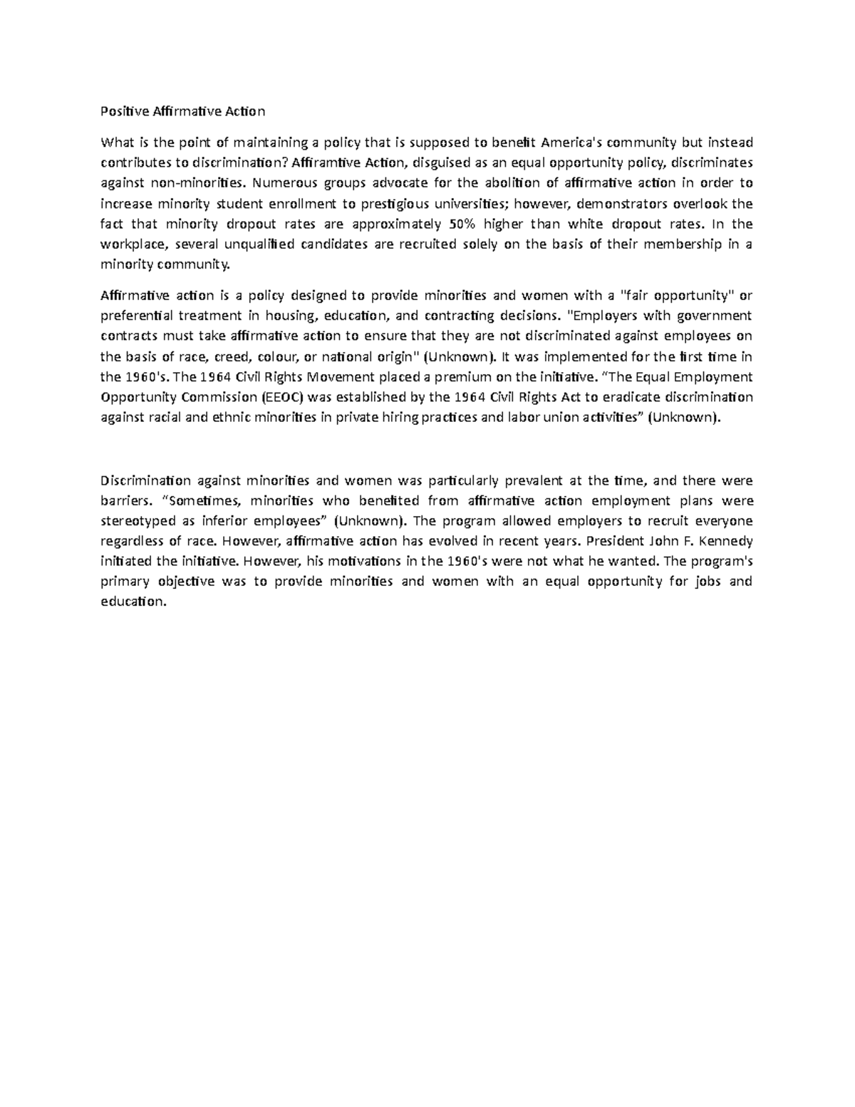 Free Writing Essay Sample by a College Student - Positive Affirmative ...