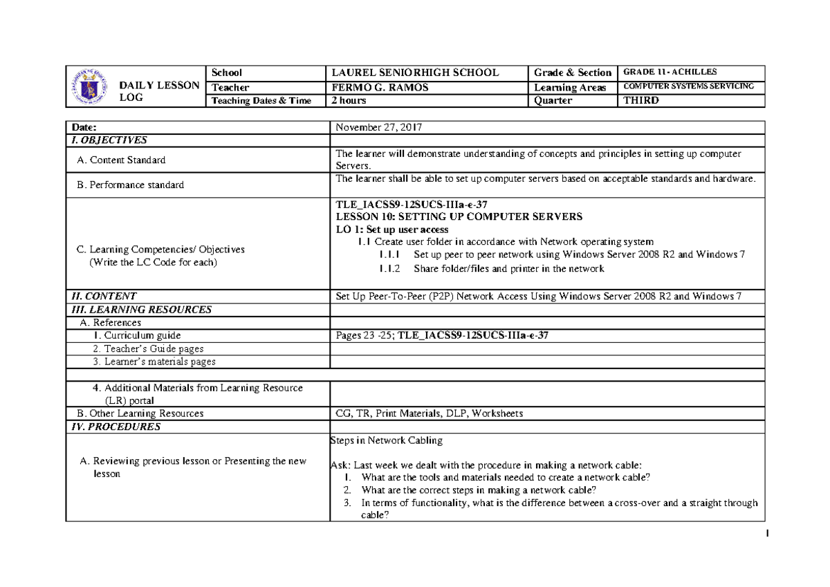 Css 12-setup-user-access- w1 - DAILY LESSON LOG School LAUREL SENIORHIGH SCHOOL Grade & Section ...