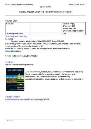 Csi141 course outline 2023 - CSI141 Programming Principles Semester I 2023/ Course Outline 1 | P ...