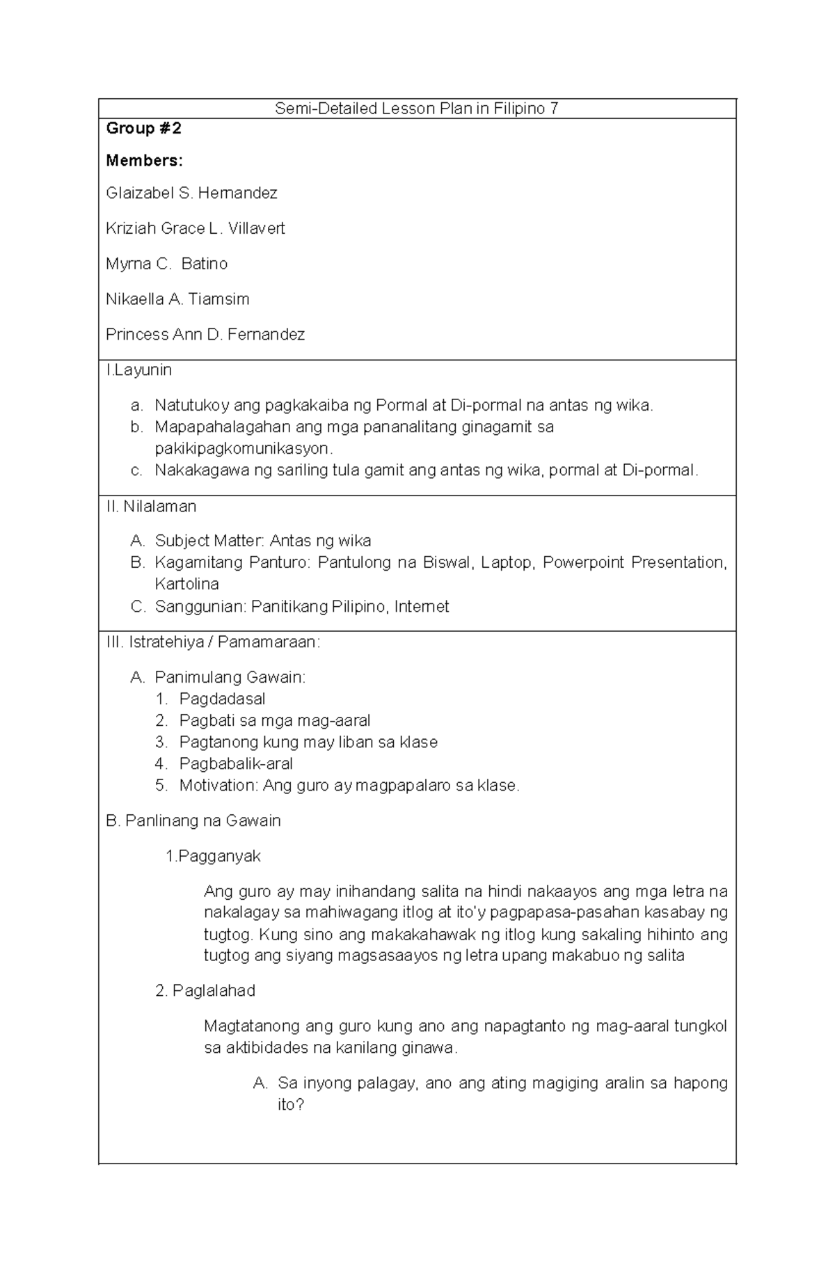 Group 2 Final SDLP - MSMCKVKS - Semi-Detailed Lesson Plan in Filipino 7 Group # 2 Members ...