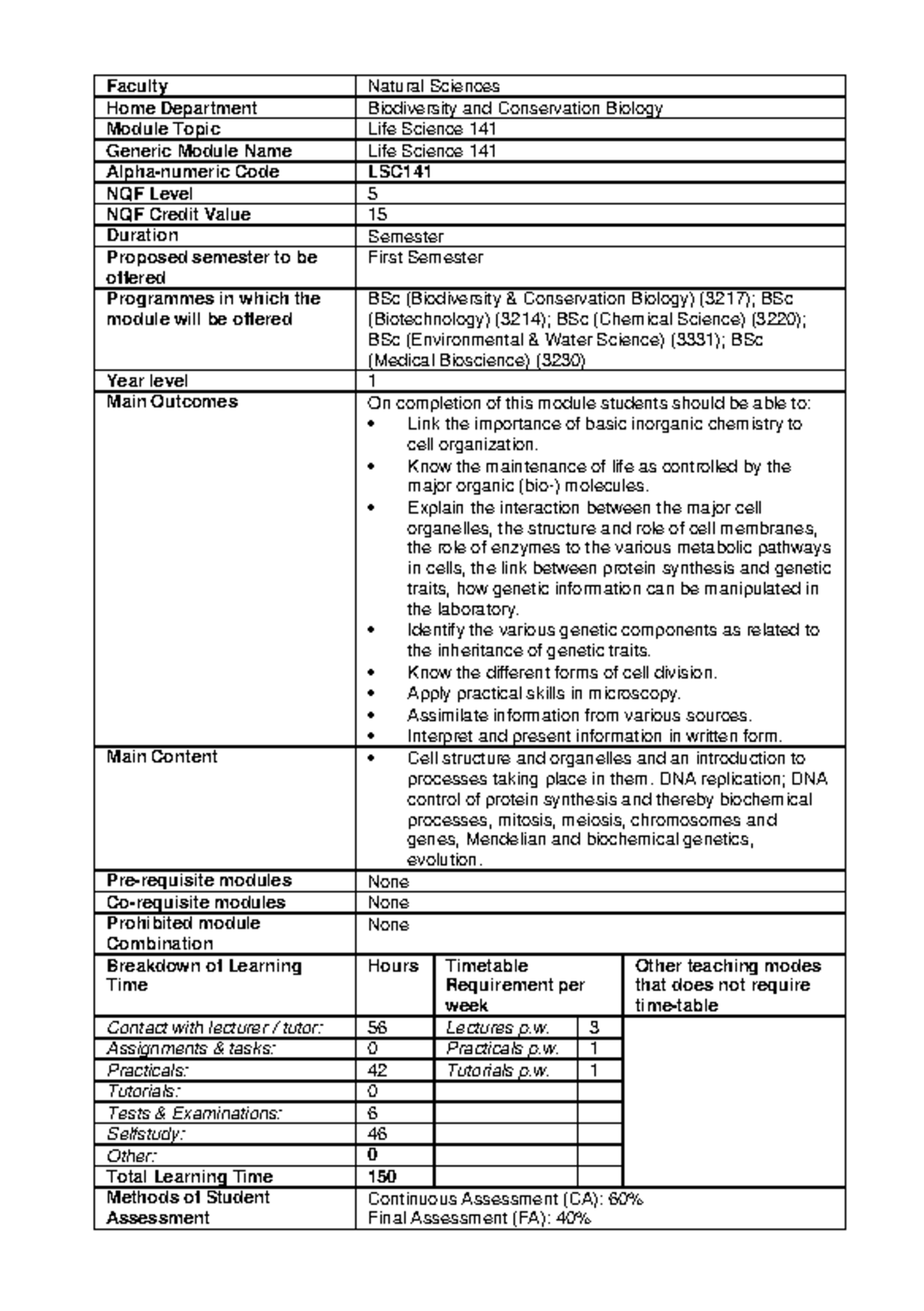 Study outline for MBS 121 - Faculty Natural Sciences Home Department ...