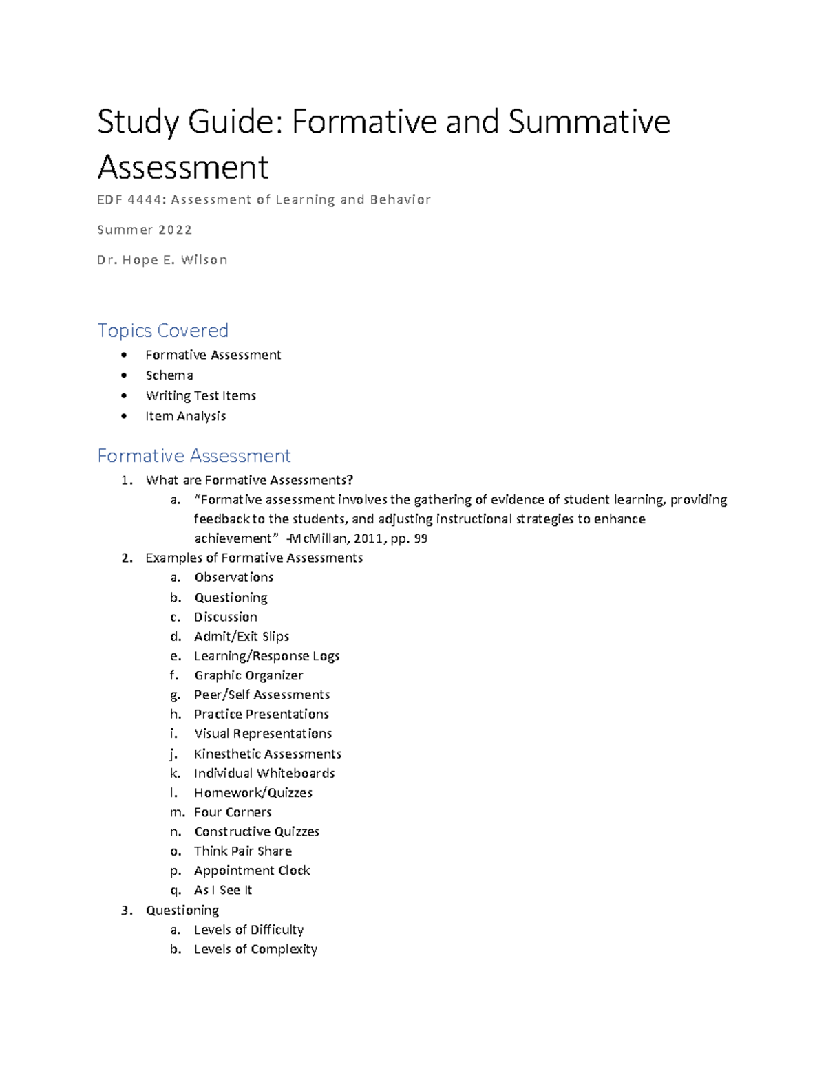 Study Guide 2 EDF 4444 - Study Guide: Formative and Summative ...