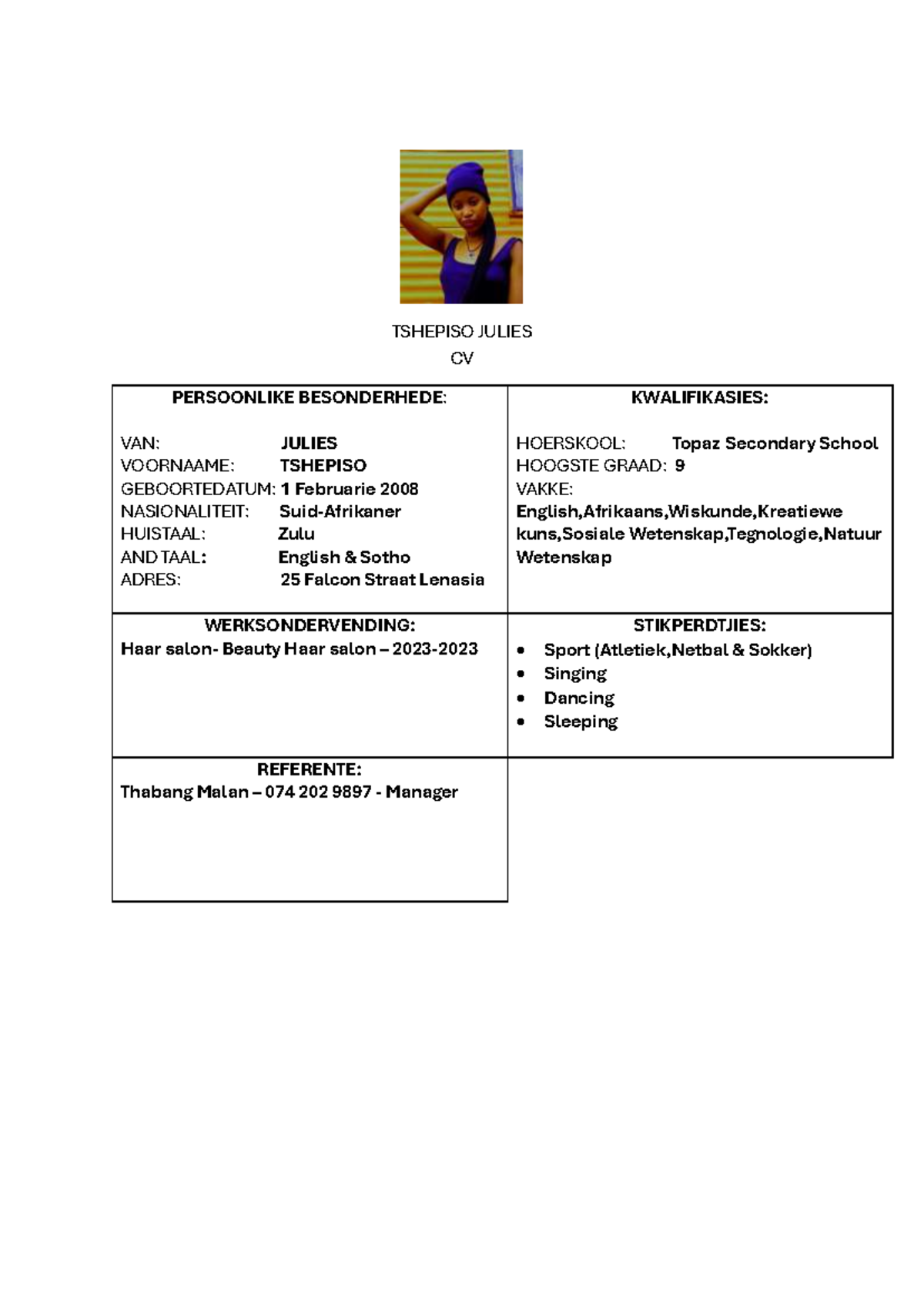 Tshepiso Julies CV - nhuyuhn - TSHEPISO JULIES CV PERSOONLIKE ...