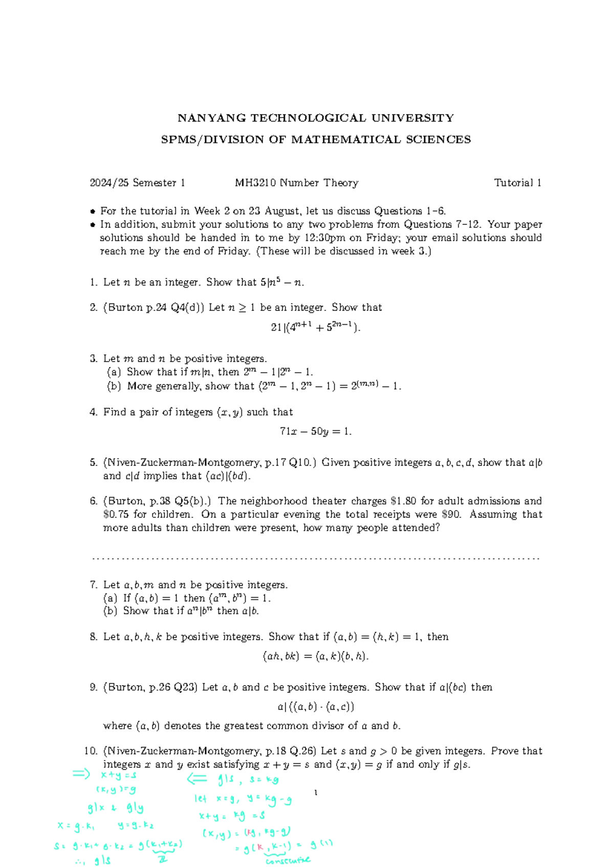 Tutorial-01 - Tbhtrb - NANYANG TECHNOLOGICAL UNIVERSITY SPMS/DIVISION ...