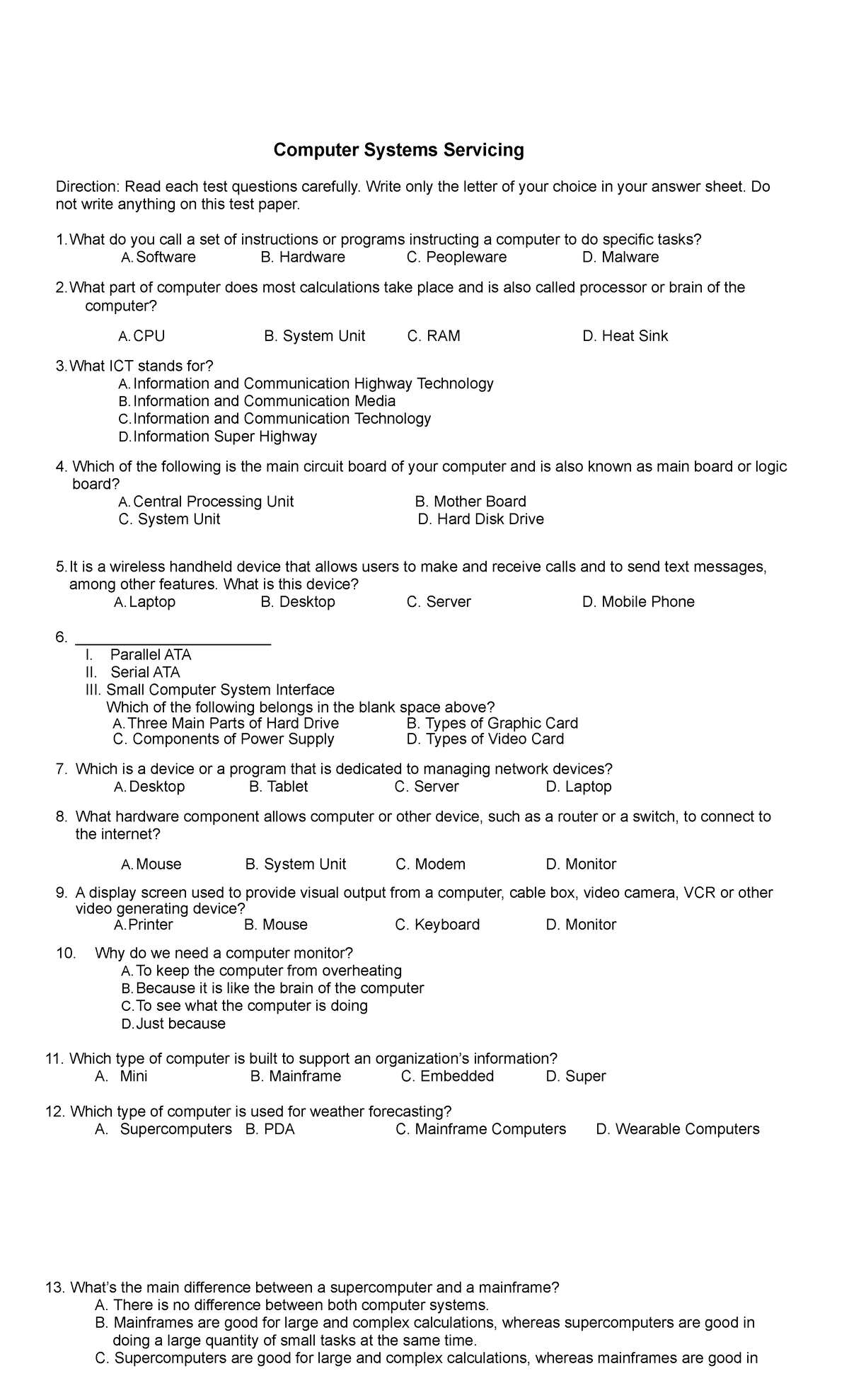 Studoc-CSS - Computer Systems Servicing Exam - Computer Systems ...