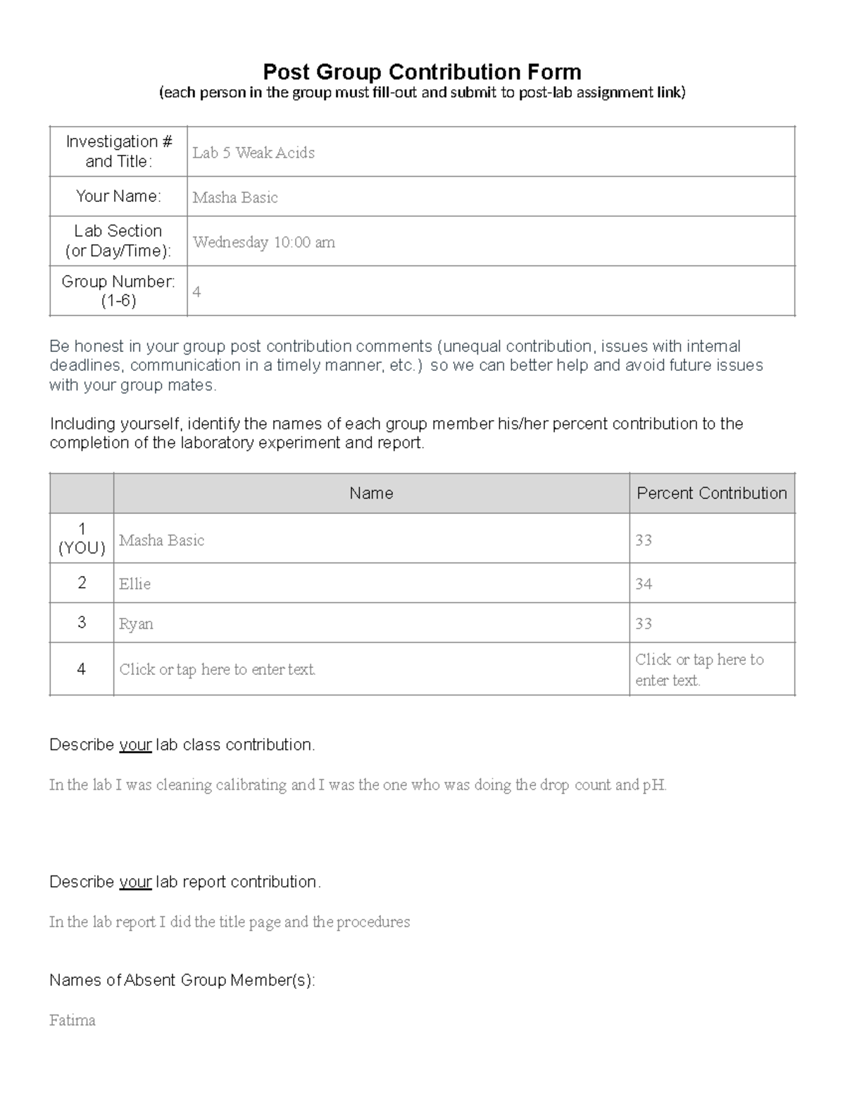 Post lab 5 - worksheet - Post Group Contribution Form (each person in ...