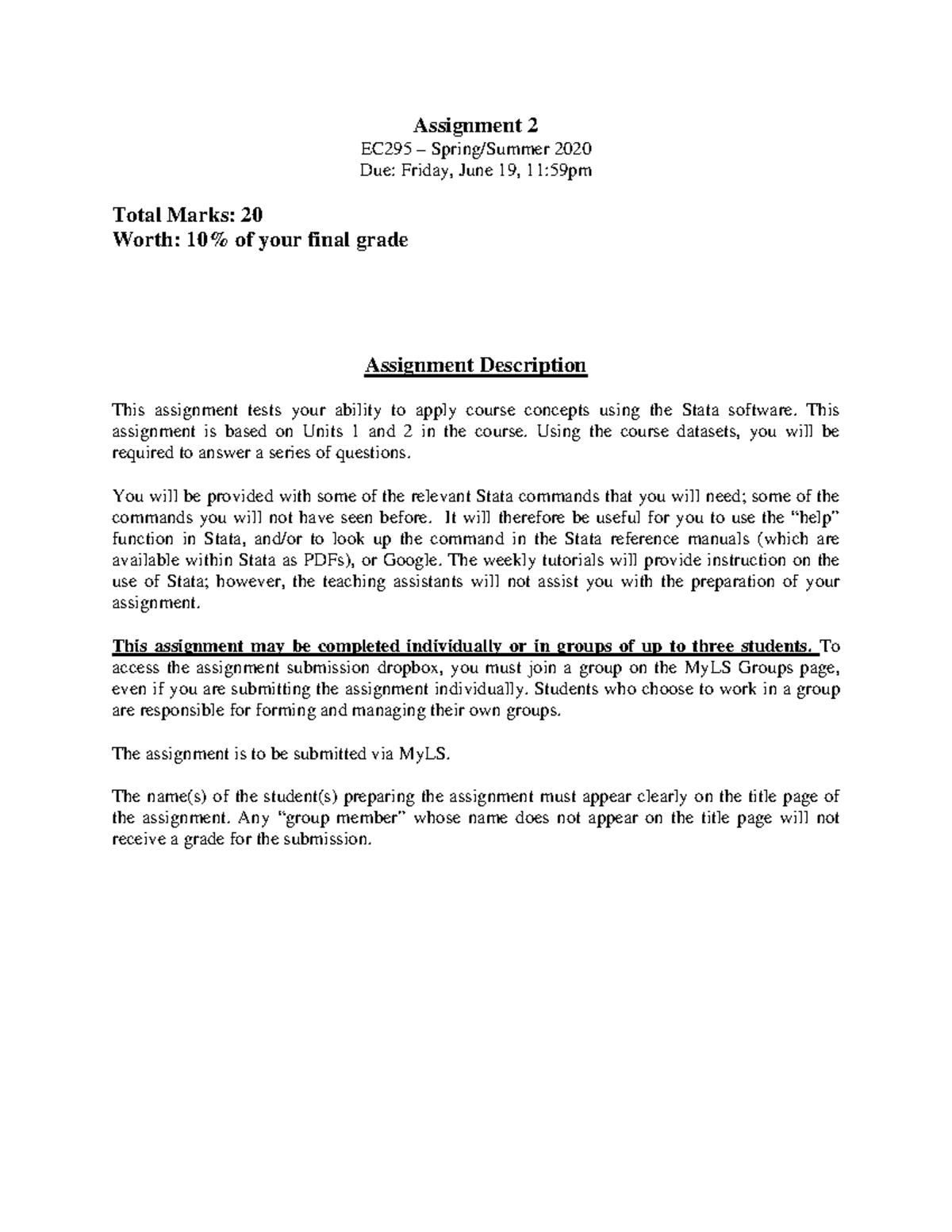 Assignment 2 2 - Assignment 2 EC295 – Spring/Summer 2020 Due: Friday ...