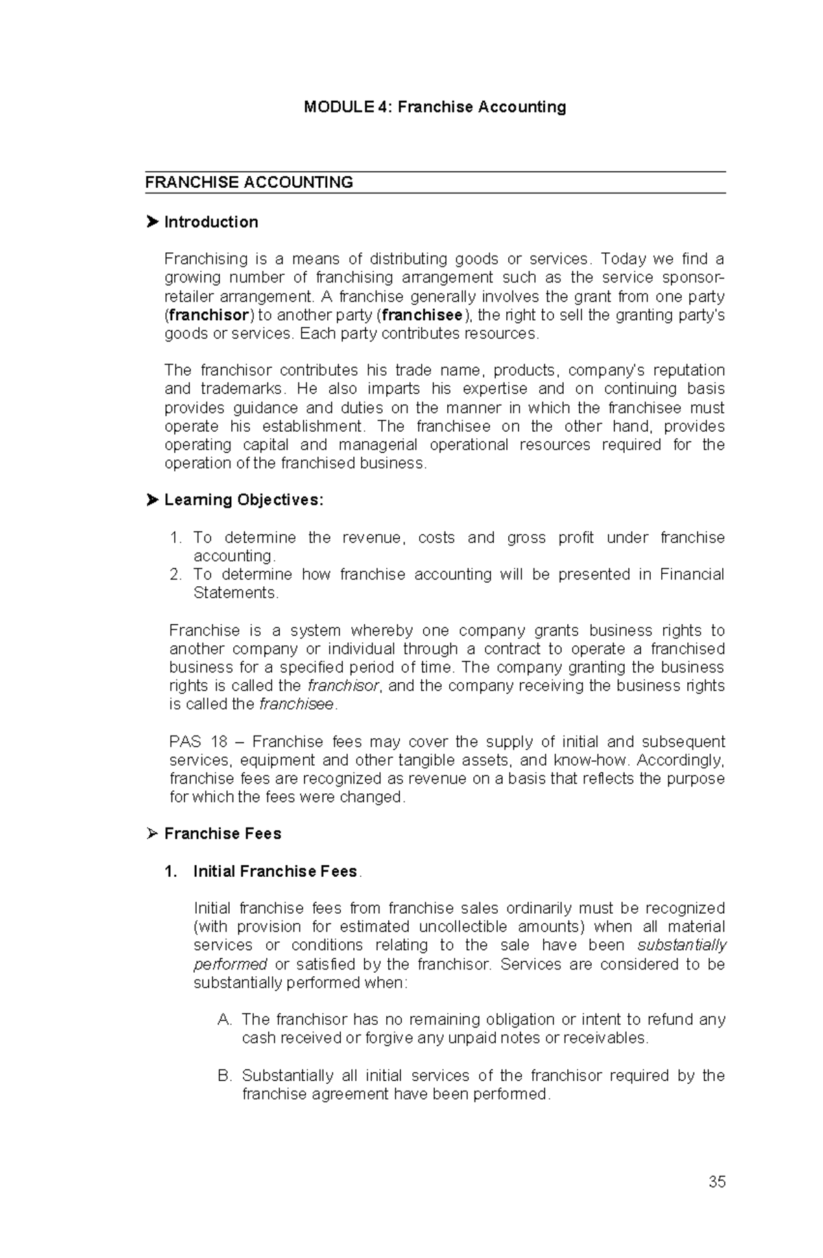 Pdfcoffee - Accounting module - MODULE 4: Franchise Accounting FRANCHISE ACCOUNTING Introduction ...