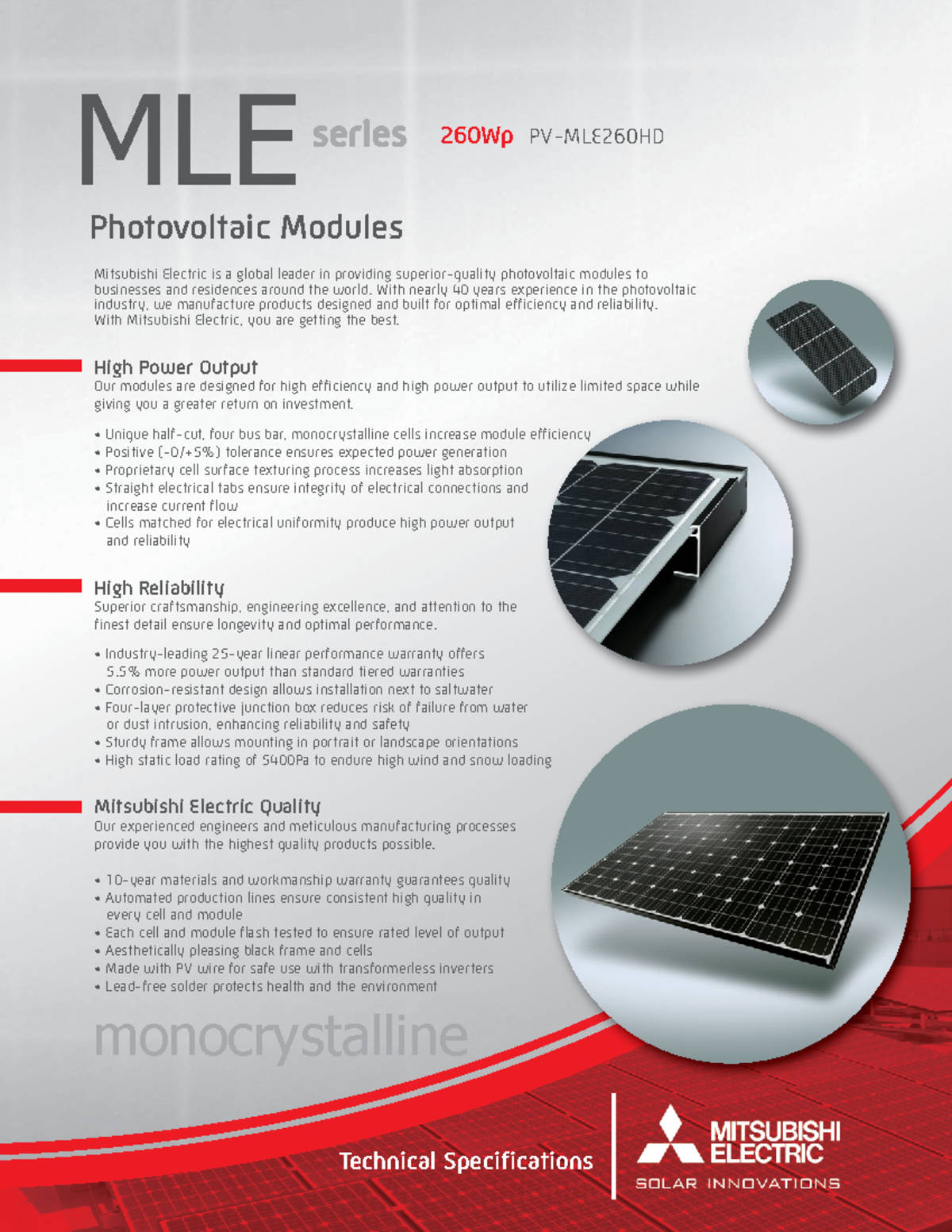 Solar Panel - Technical Specifications Photovoltaic Modules 260Wp PV ...