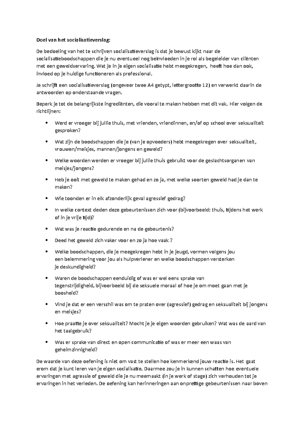 Format voor socialisatieverslag met de vragen die je kunt gebruiken als ...