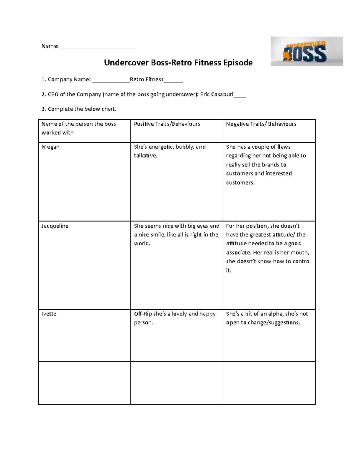 Undercover Boss questions - Name: ________________________ Undercover ...