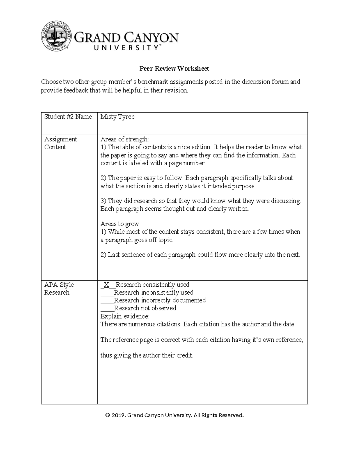 The Peer review form finished ELM-250 - Peer Review Worksheet Choose ...