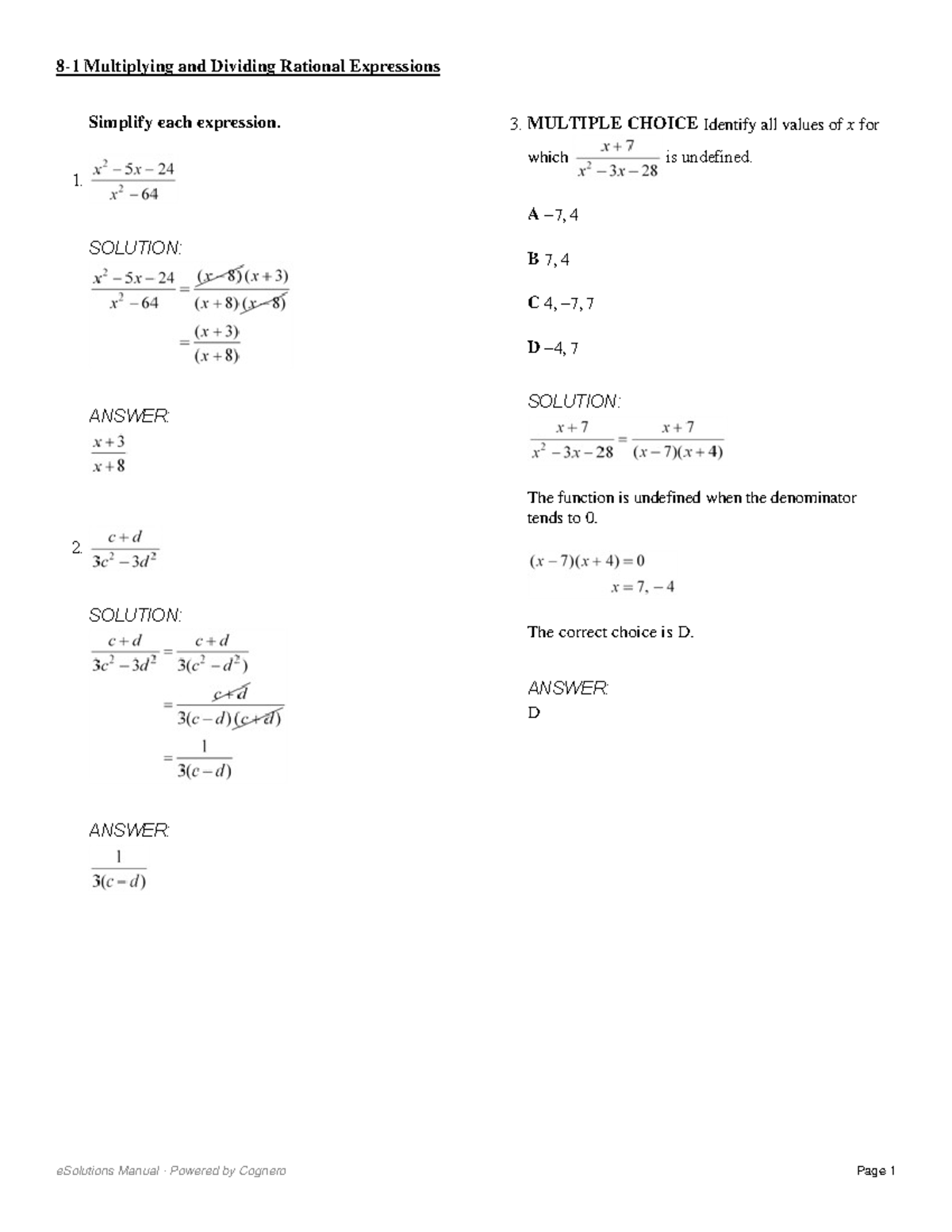 Math - Simplify each expression. 1. SOLUTION: ANSWER: 2. SOLUTION ...
