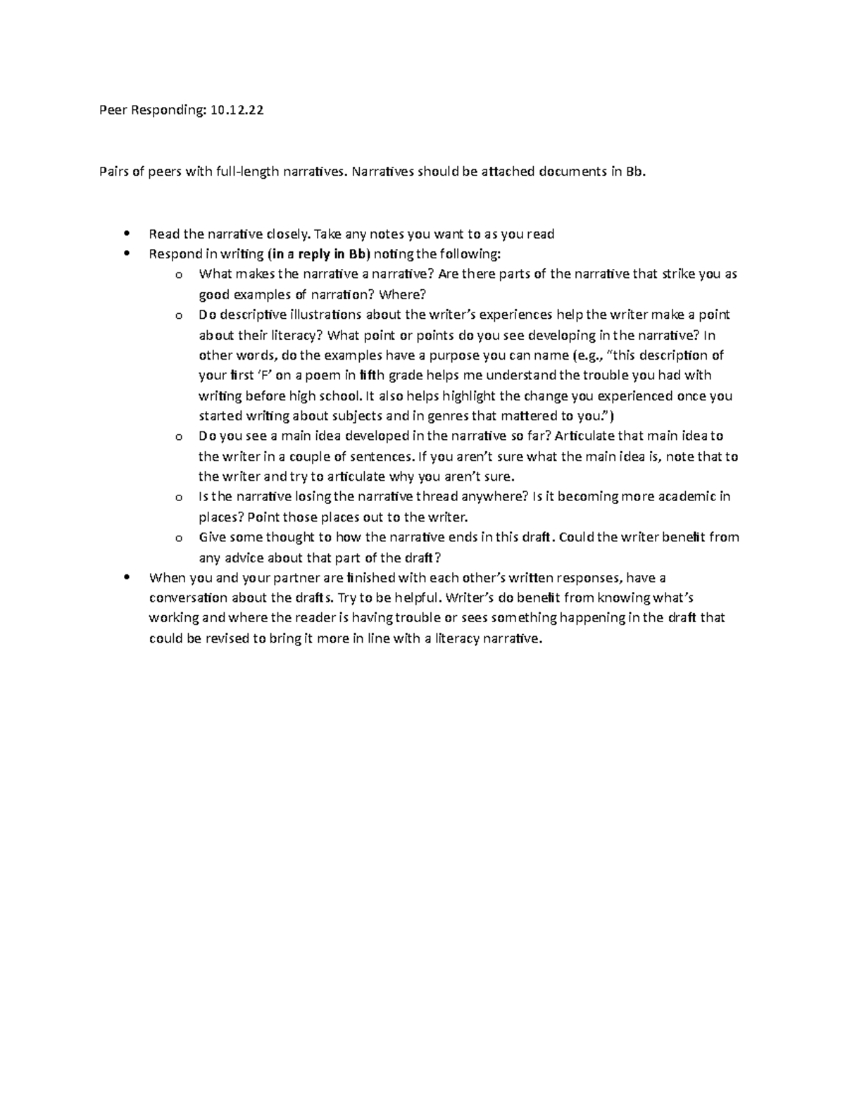 Class Notes #12 - Peer Responding: 10. Pairs of peers with full-length ...