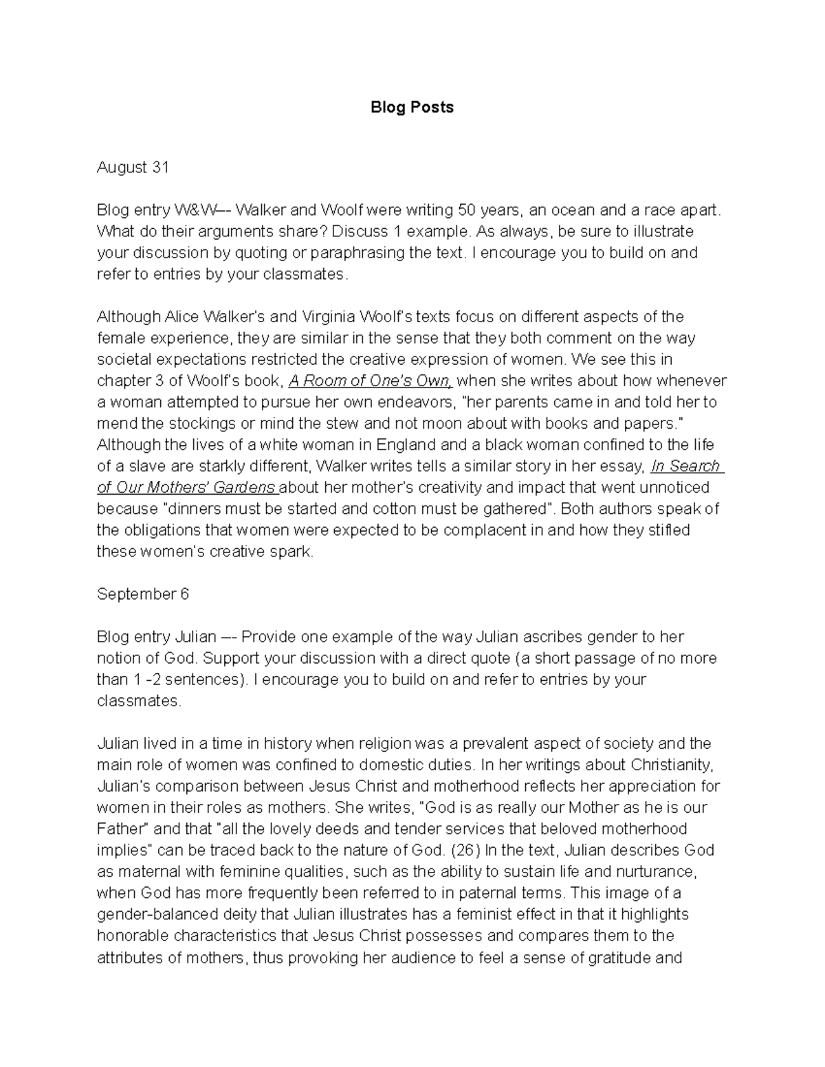 Blog posts Women in Lit - Blog Posts August 31 Blog entry W&W- Walker ...
