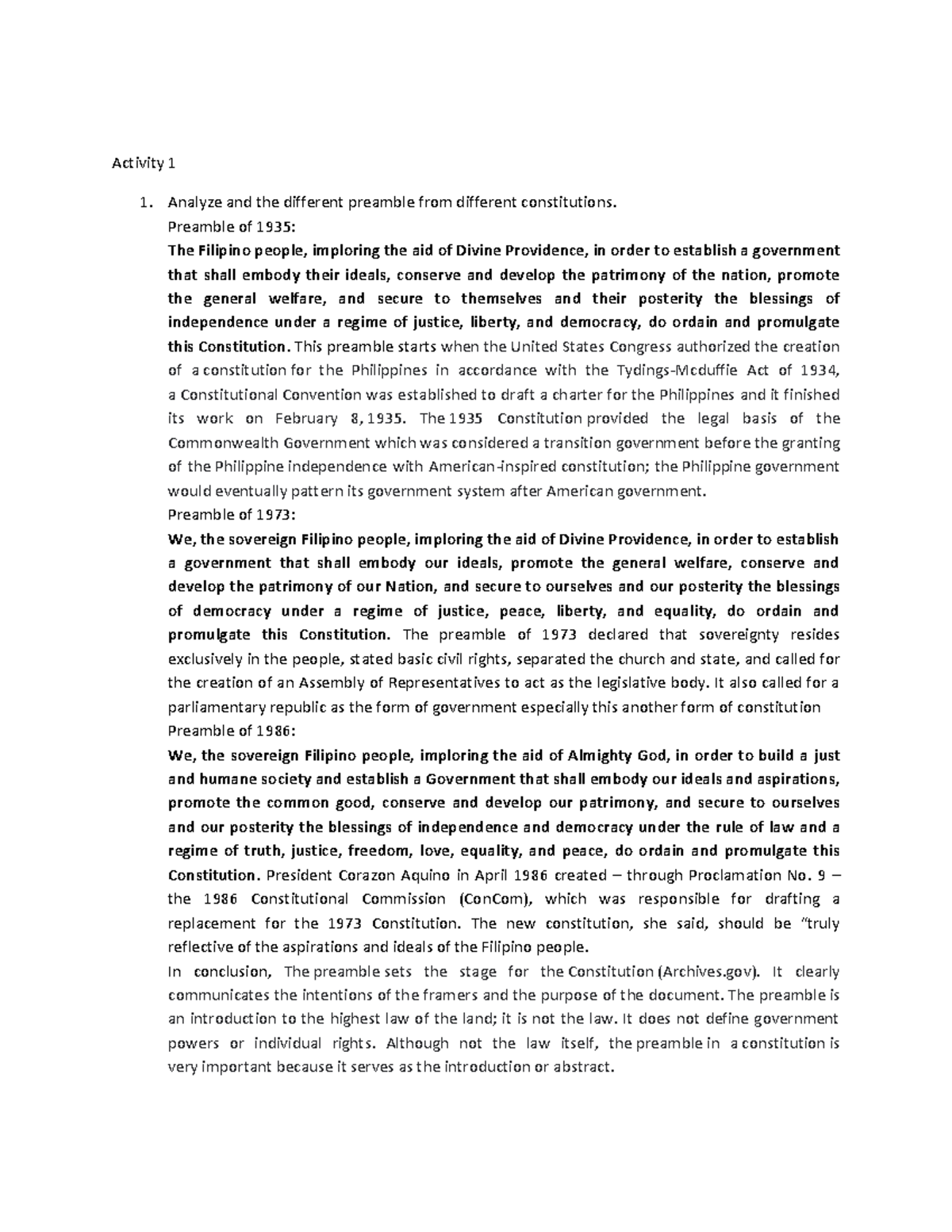 ASIS JOHN Lambert P Preamble - Activity 1 Analyze and the different ...