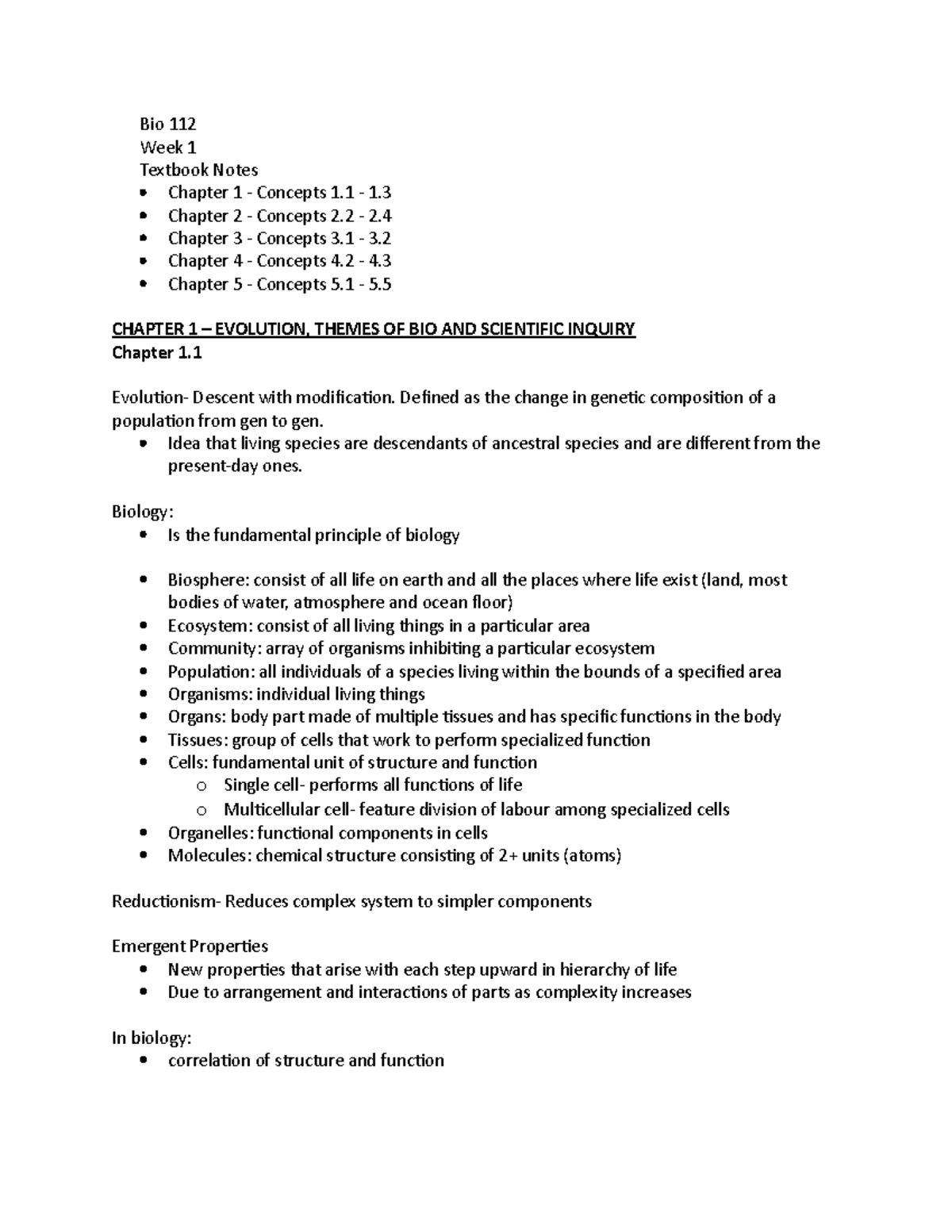 Bio 112 - Week 1 Textbook Notes - Bio 112 Week 1 Textbook Notes Chapter ...
