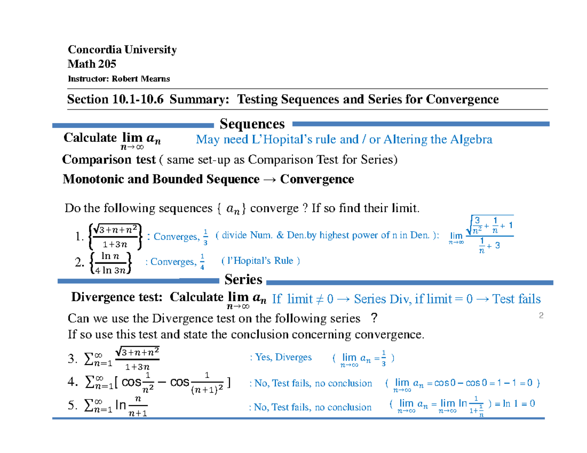 Note Outline Summary 10.1-10.6 Sequence and Series Convergence strategy ...