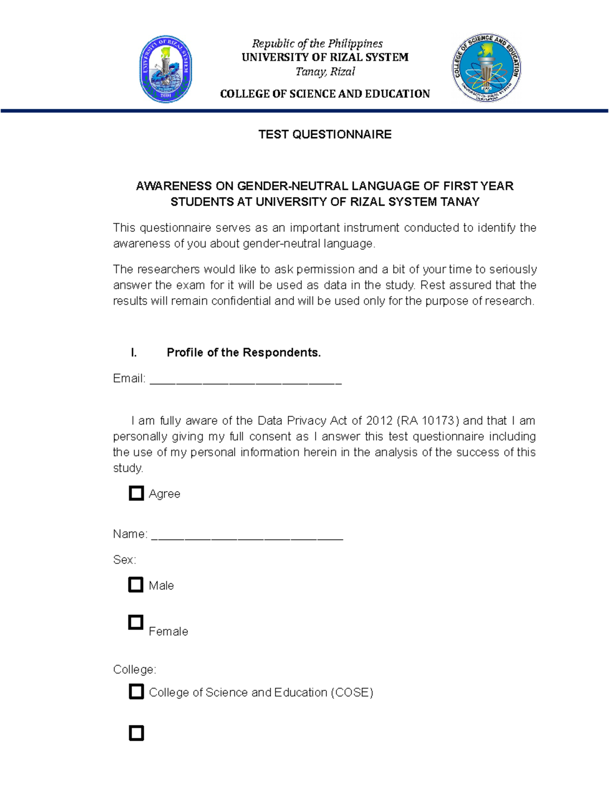 Sample TEST Questionnaire with SOP- Final EDIT - UNIVERSITY OF RIZAL ...
