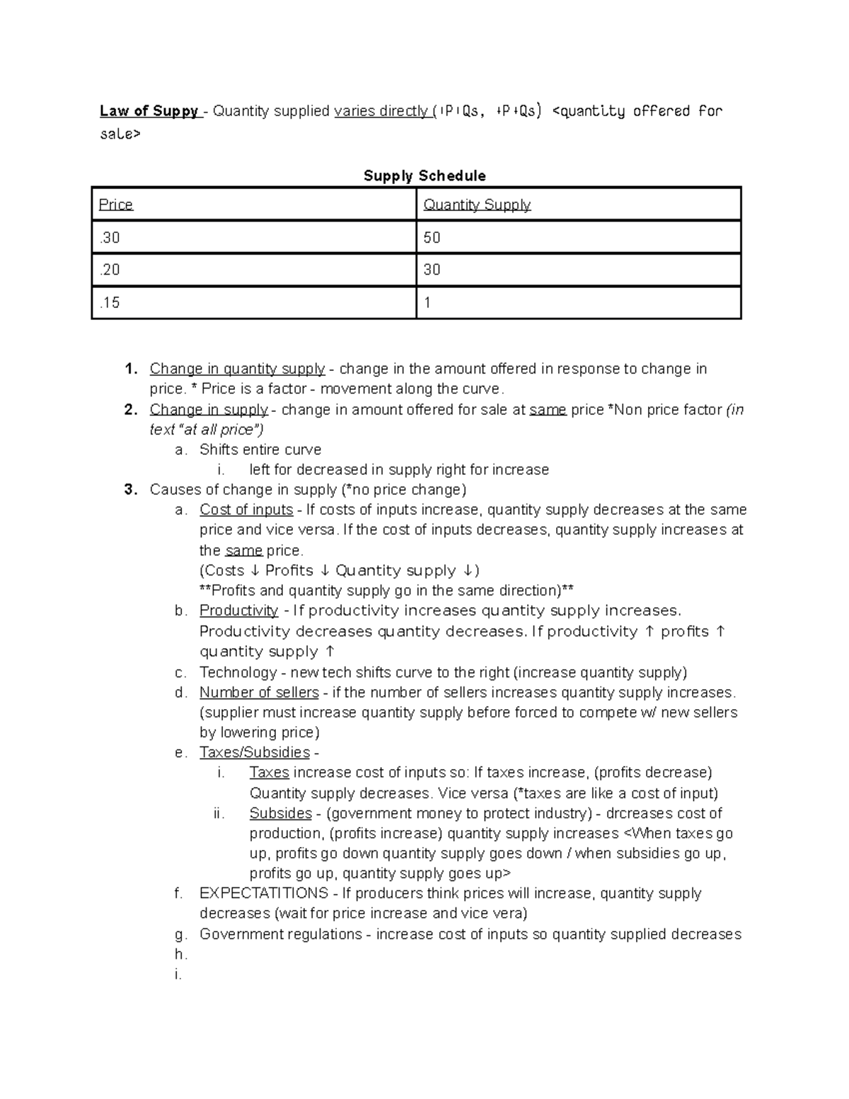 Economics Unit 5 Notes - Law of Suppy - Quantity supplied varies ...