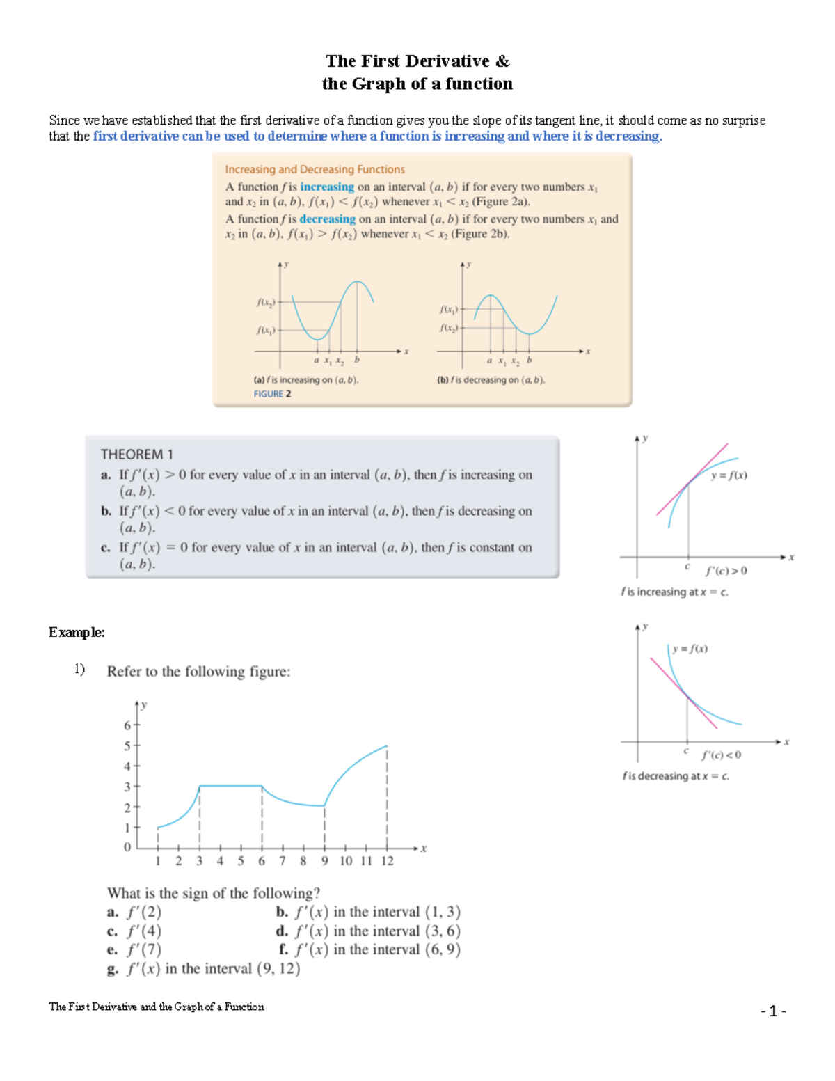 9A First Derivative and the Graph Part A - The First Derivative and the ...