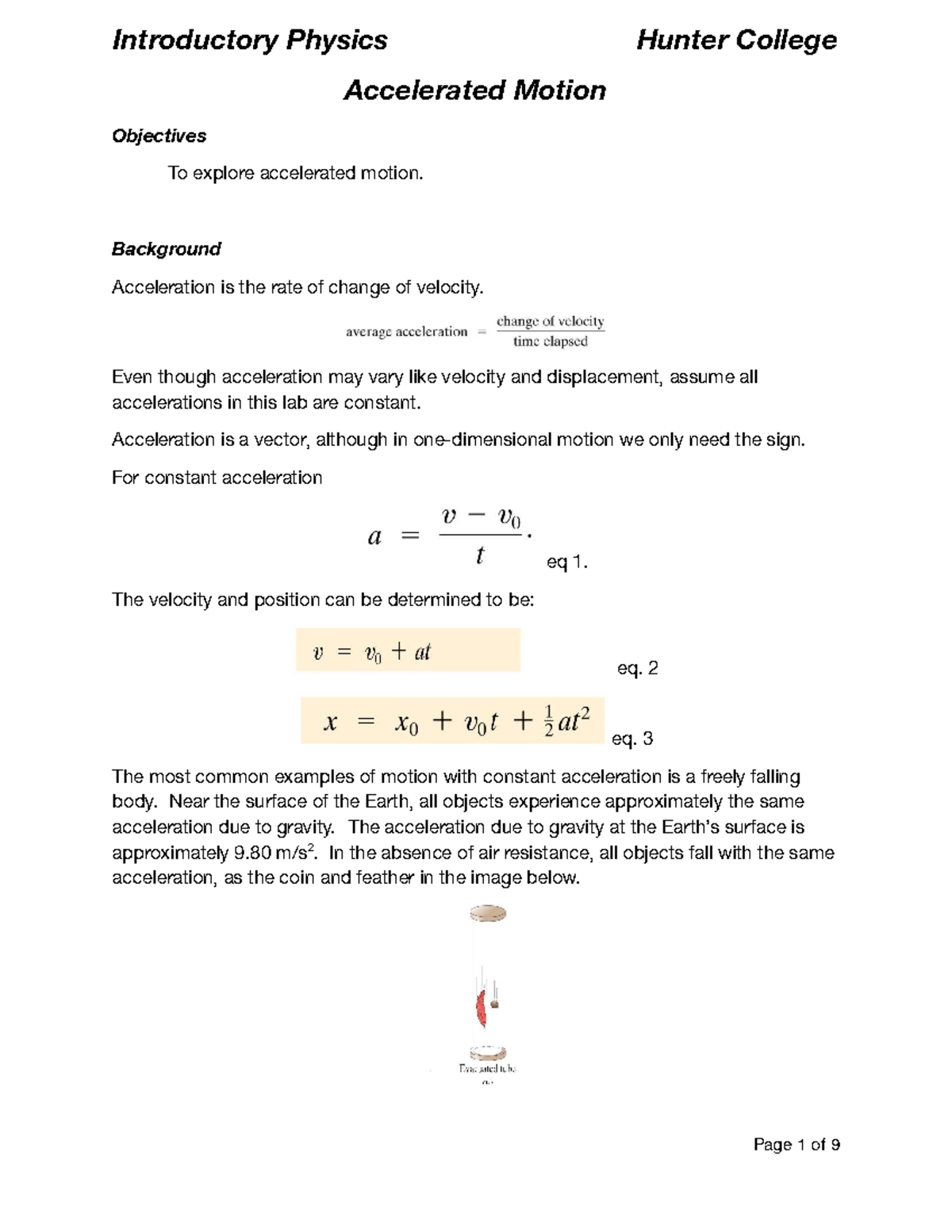 PHYS 110 Accelerated Motion Lab Outline - PHYS 110 - Hunter College ...