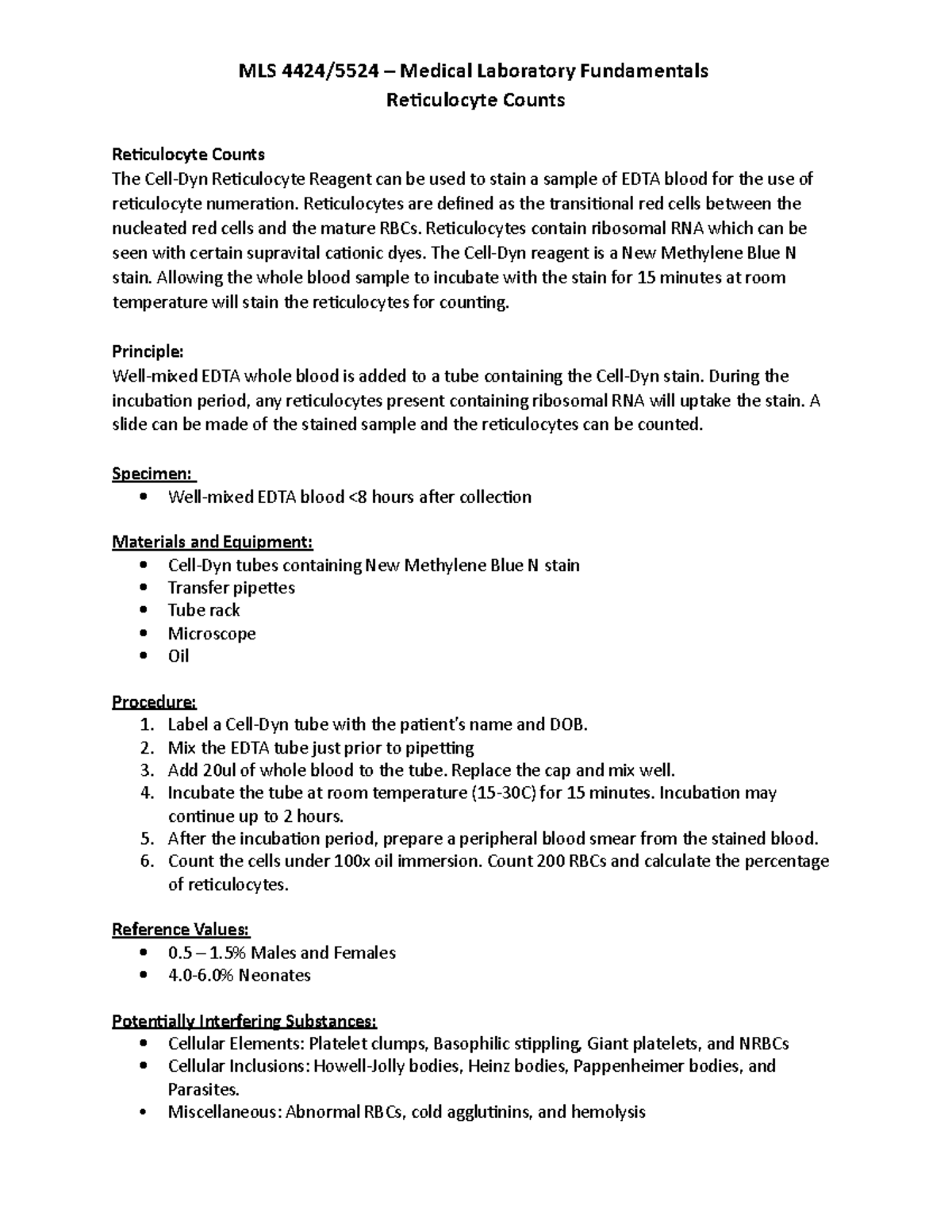 Reticulocytes - Lecture notes retic procedure - MLS 4424/5524 – Medical ...
