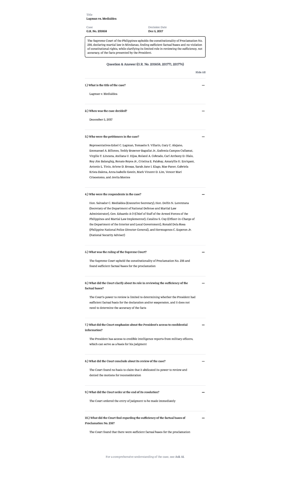 Q:A - ……………………….. - Title Lagman vs. Medialdea Case G. No. 231658 ...