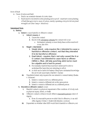 Torts Outline - Torts Outline 1) Introduction a) What is Tort Law i ...