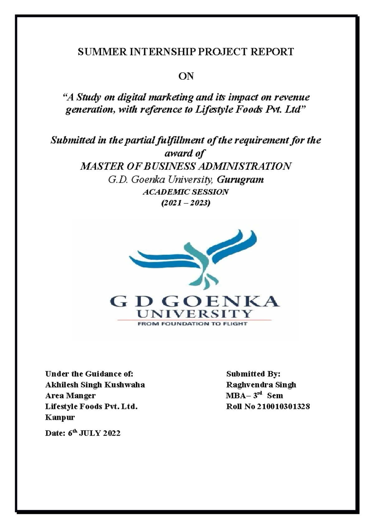 Raghu Front - FUll doc - SUMMER INTERNSHIP PROJECT REPORT ON “A Study ...