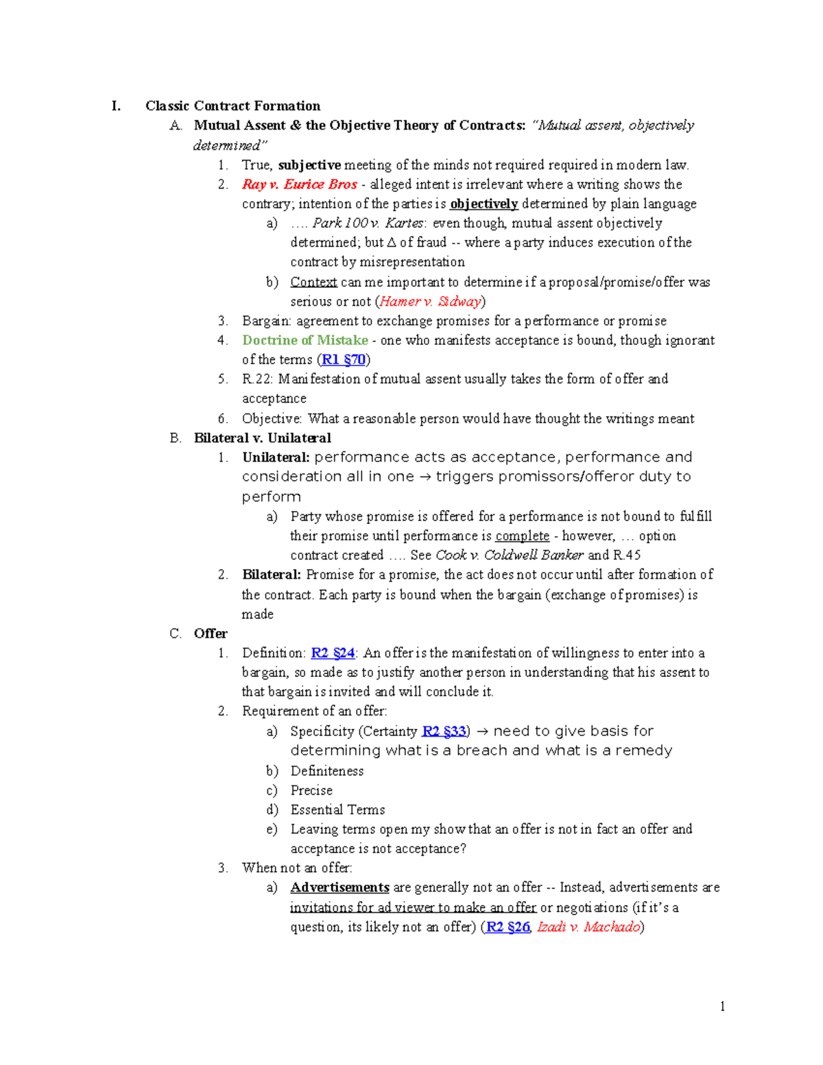 Contracts Outline 04-28-19 - I. Classic Contract Formation A. Mutual ...