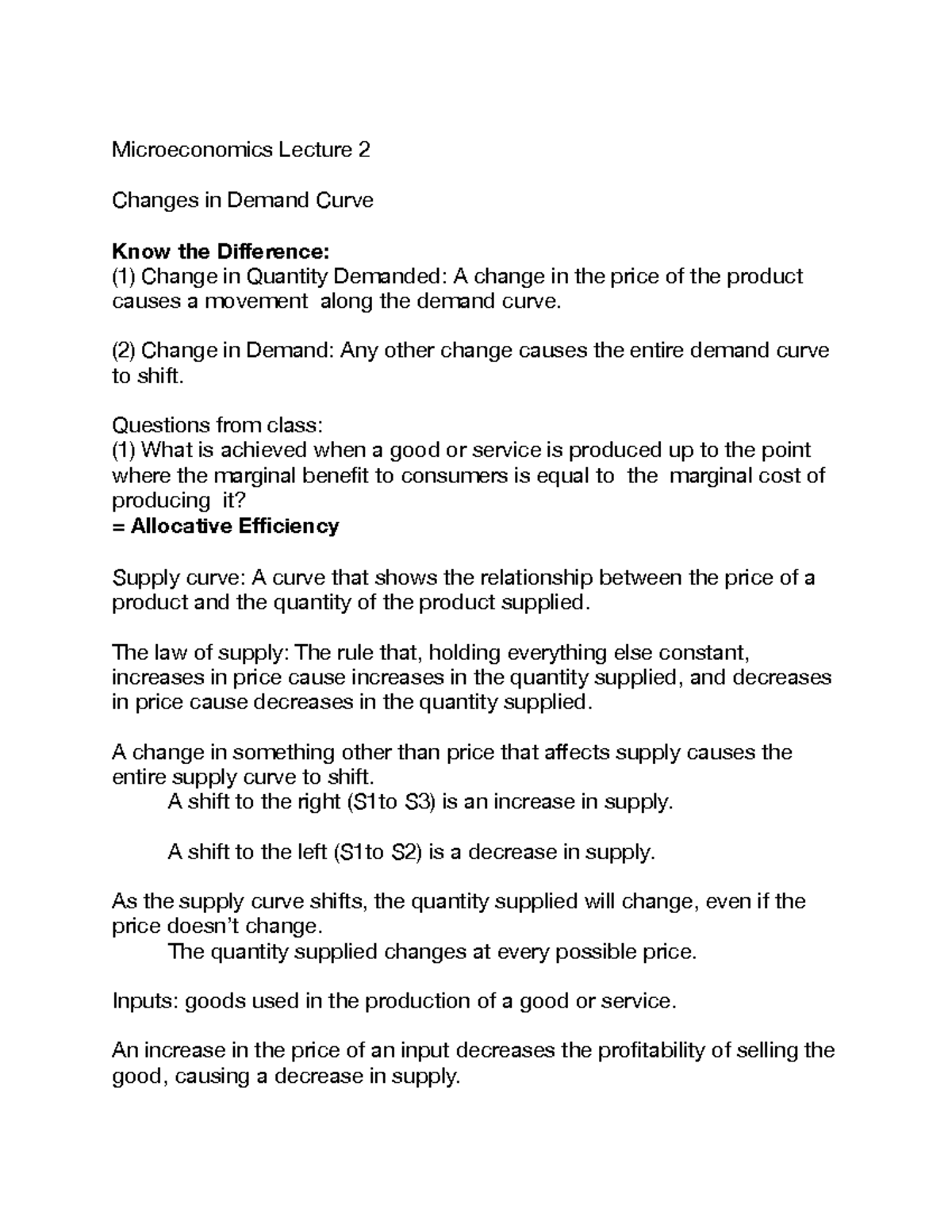 Microeconomics Lecture 3 Supply curves - Microeconomics Lecture 2 ...