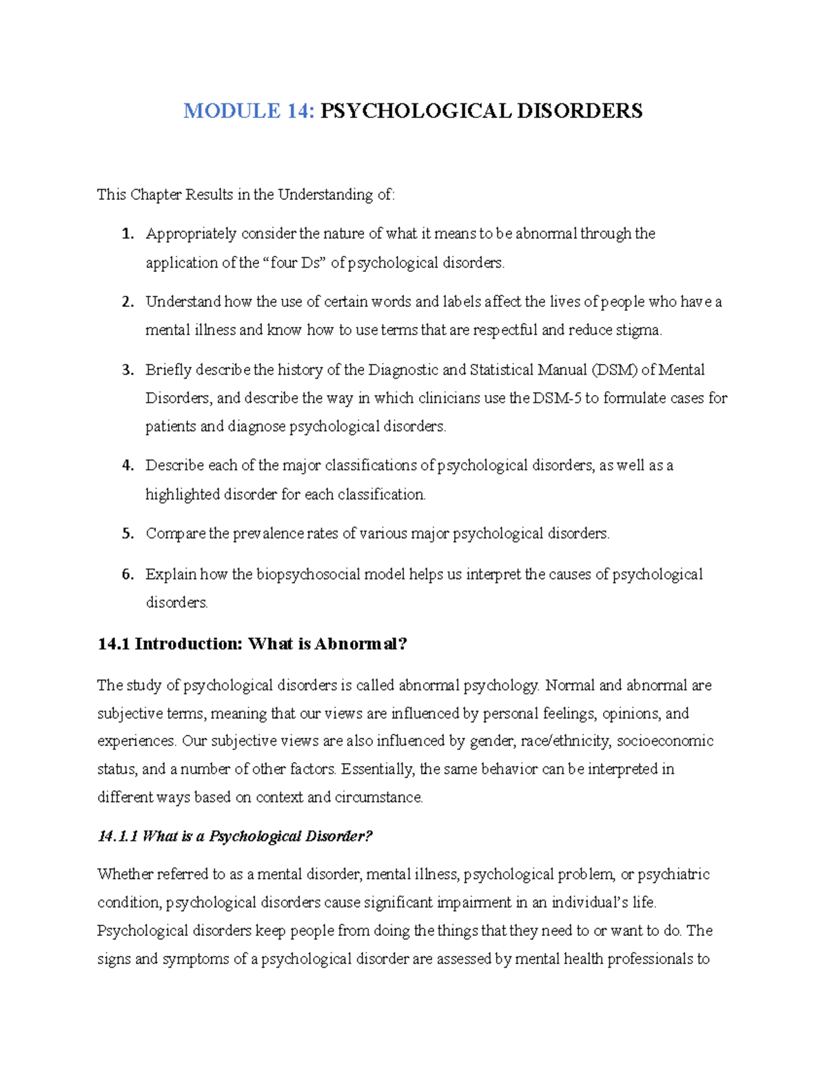 Module 14 - Psychological Disorders - MODULE 14: PSYCHOLOGICAL ...