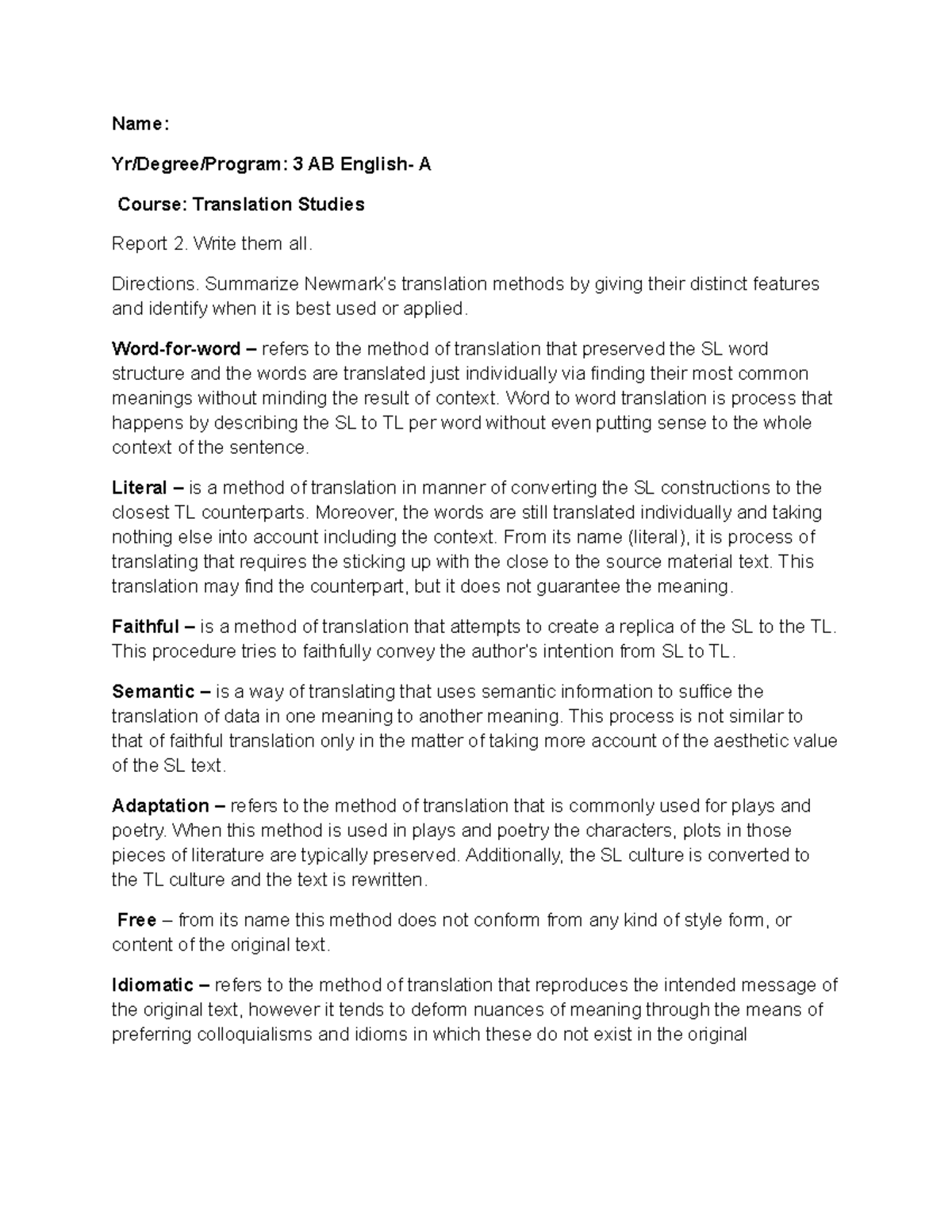 Report 2-CHAP 5 - Summary of Translation theories and kinds - Name: Yr ...