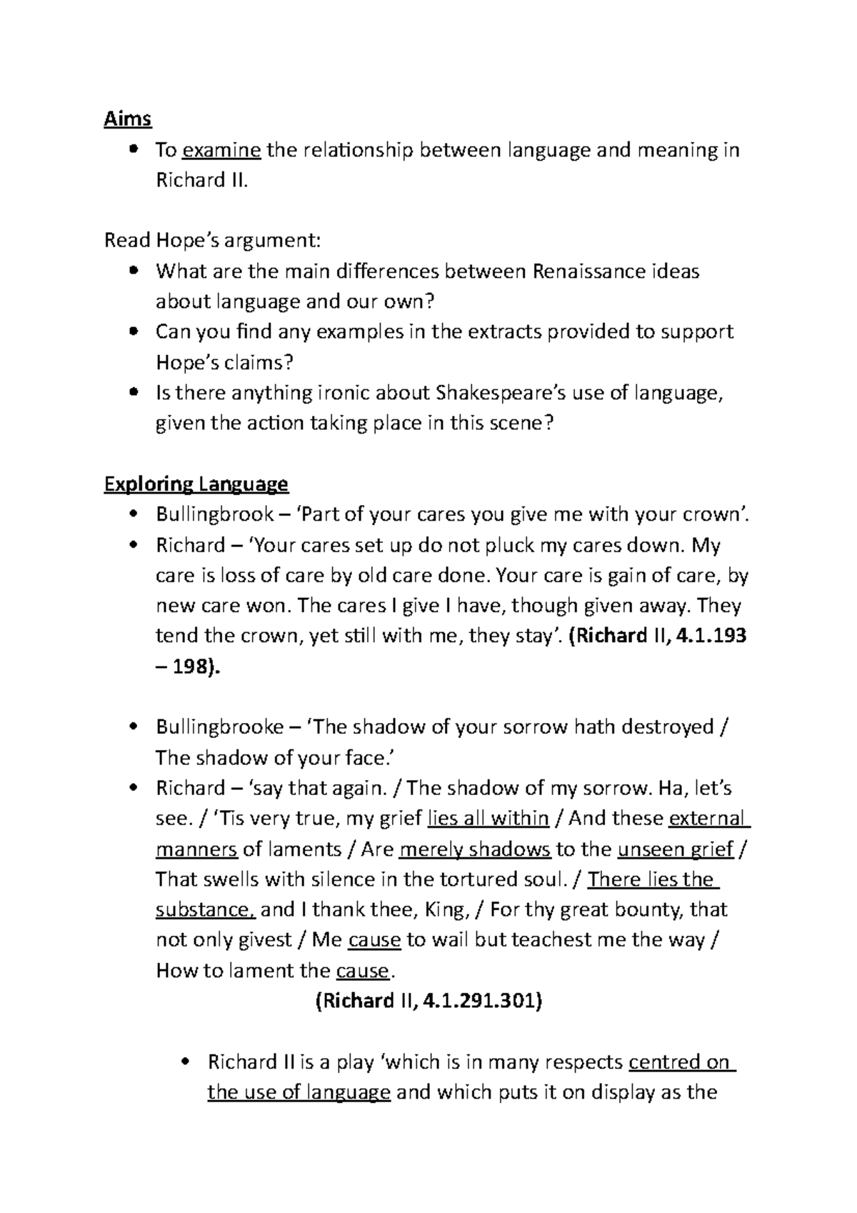 Exploring the Language in Richard II - Aims To examine the relaionship ...