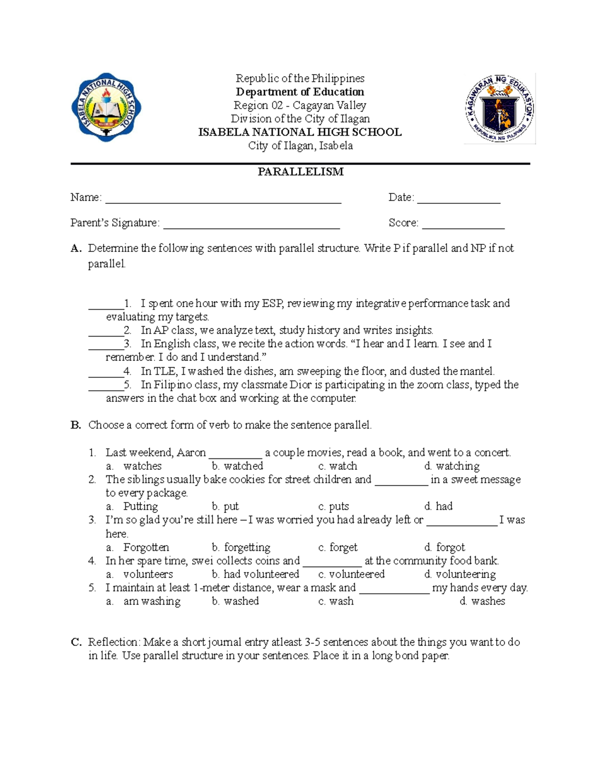 Parallelism Activity sheets - Republic of the Philippines Department of ...