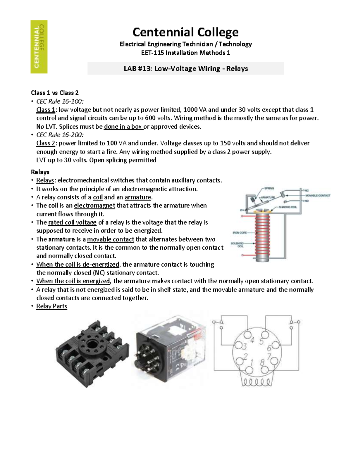 Lab 13 - Low-voltage Wiring - Relays - Centennial College Electrical ...
