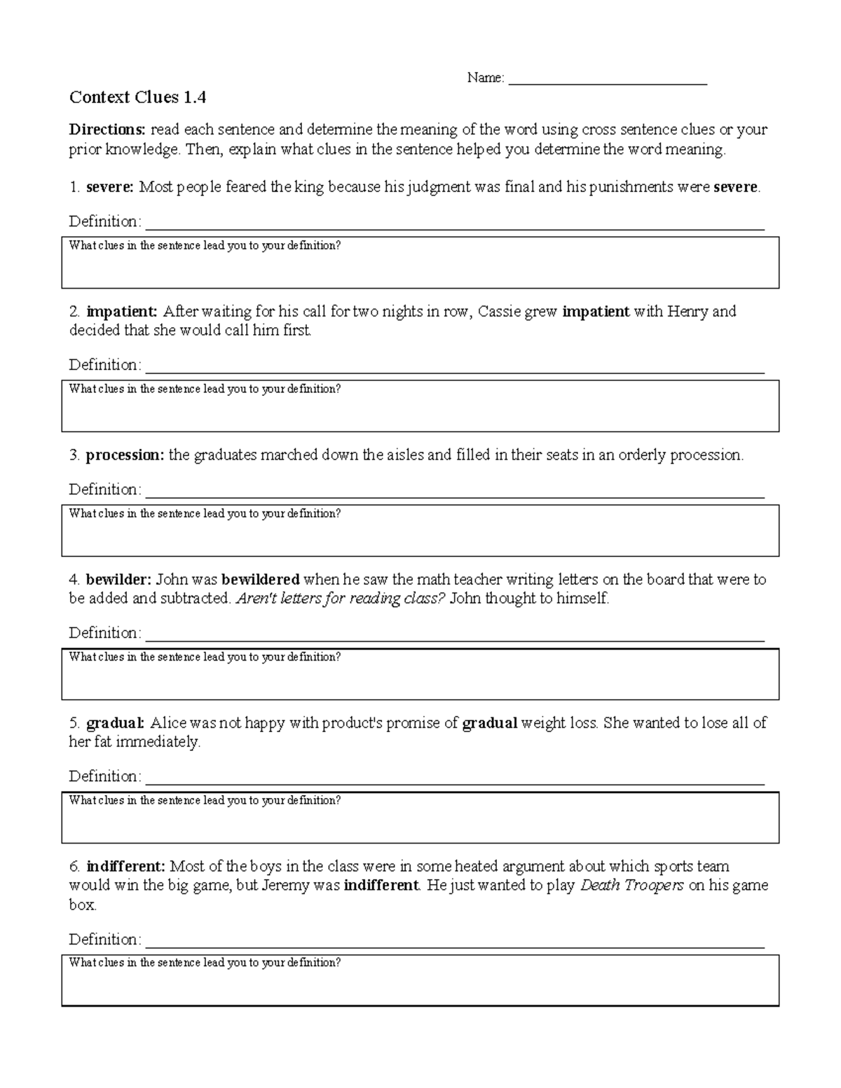 Context clues worksheet 1 4 - Name ...