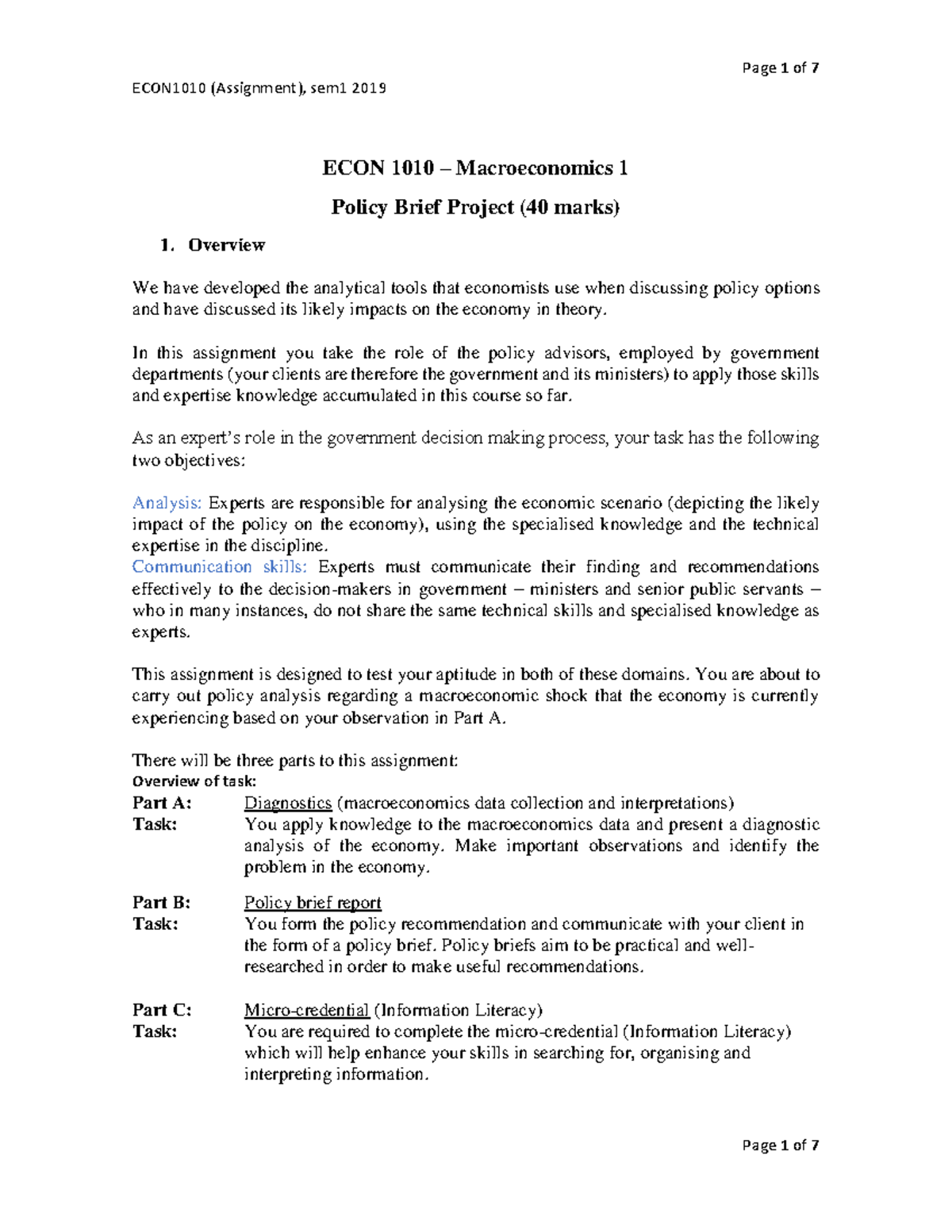 ECON1010 Policy brief Student - ECON1010 (Assignment), sem1 2019 ECON 1010 – Macroeconomics 1 ...