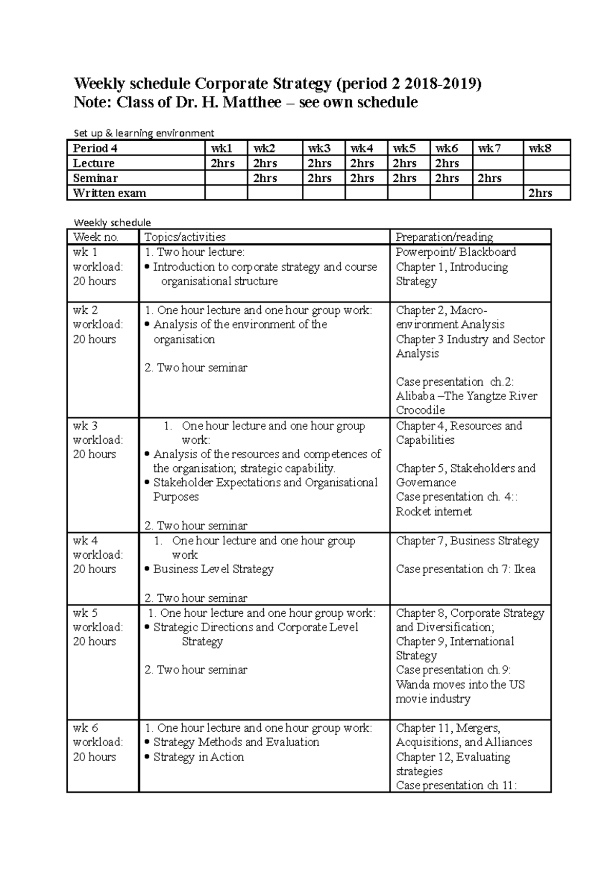 COS Weekly schedule - Weekly schedule Corporate Strategy (period 2 2018 ...