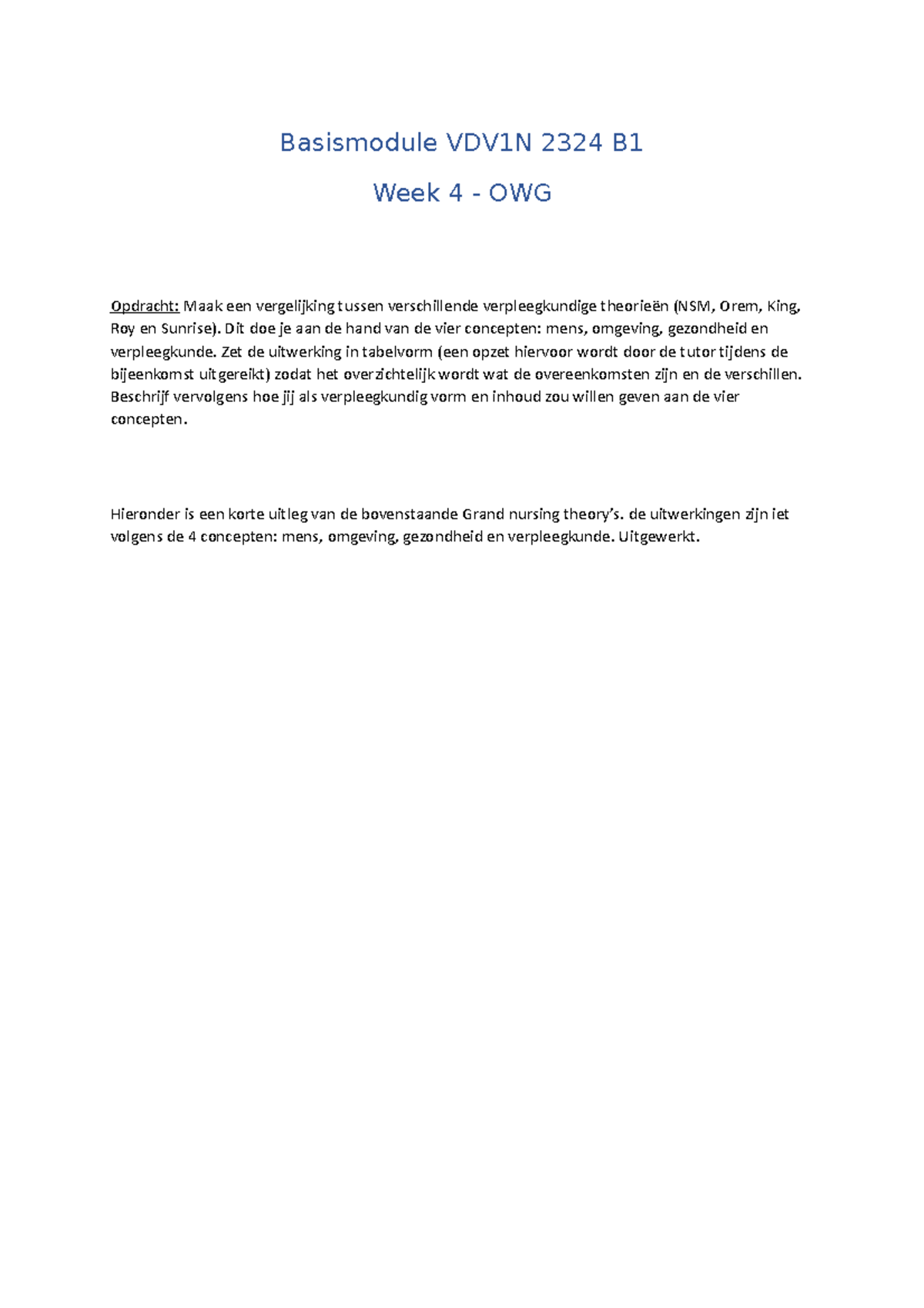 Grand nursing theory's - Basismodule VDV1N 2324 B Week 4 - OWG Opdracht ...