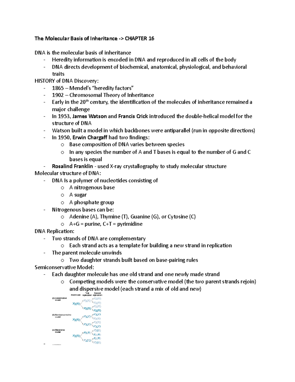 CH 16 - notes - The Molecular Basis of Inheritance -> CHAPTER 16 DNA is ...