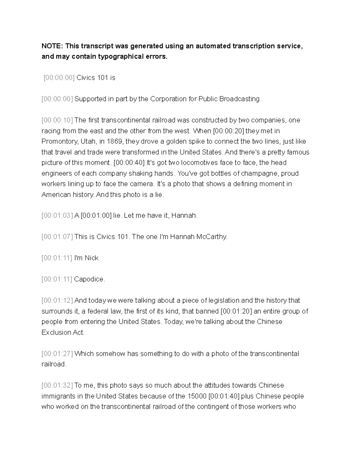 Chinese Exclusion Act Transcript - NOTE: This transcript was generated using an automated - Studocu